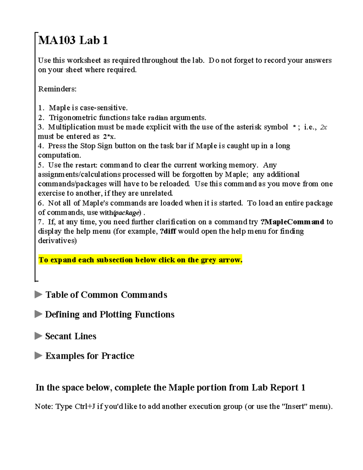 Lab 1 Maple Solutions - MA103 Lab 1 Use this worksheet as required throughout the lab. Do not ...