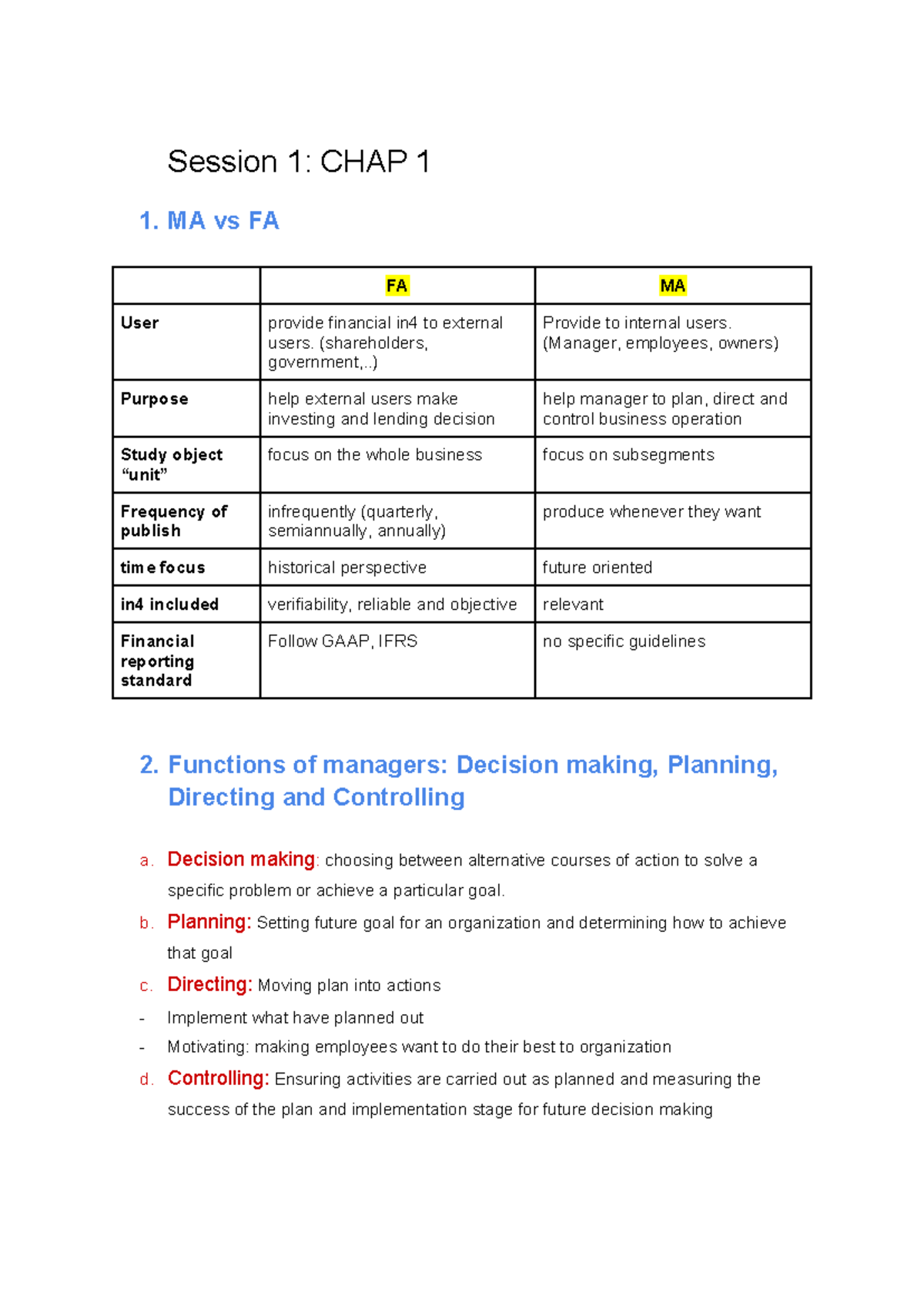 MA - êss - Session 1: CHAP 1 1. MA vs FA FA MA User provide financial ...