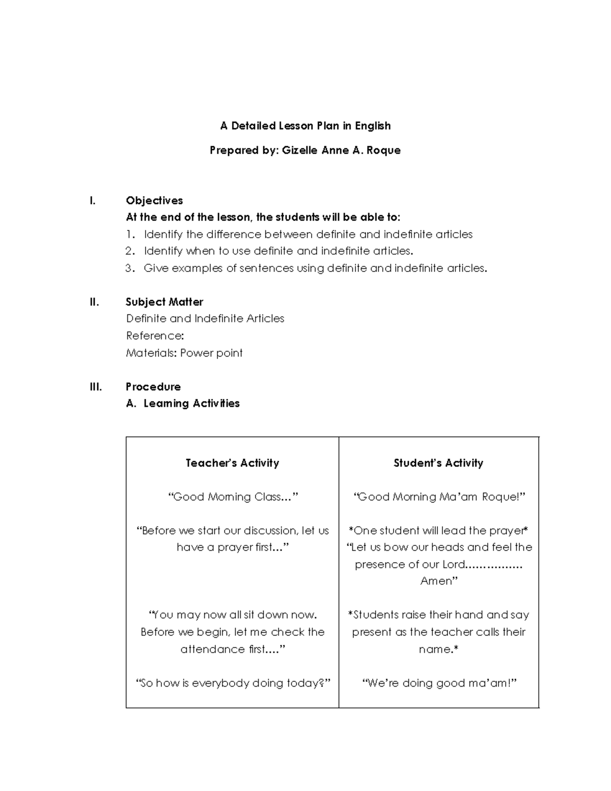 Detailed lesson plan in definite and indefinite articles - A Detailed ...