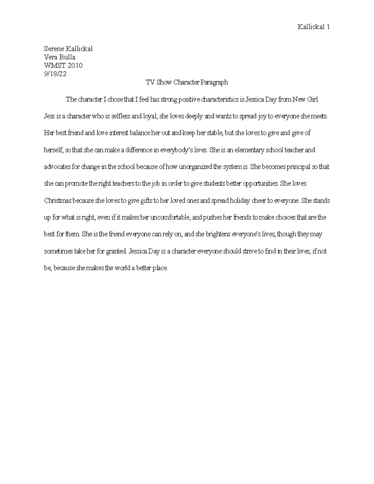 TV Show Character Paragraph - Jess is a character who is selfless and ...