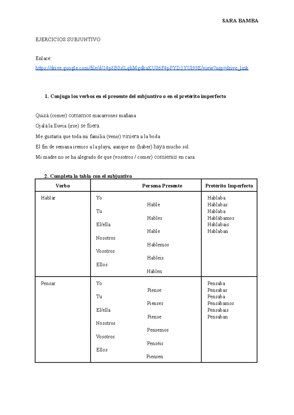 Ficha de ejercicios tema 6 .docx - SARA BAMBA EJERCICIOS SUBJUNTIVO ...