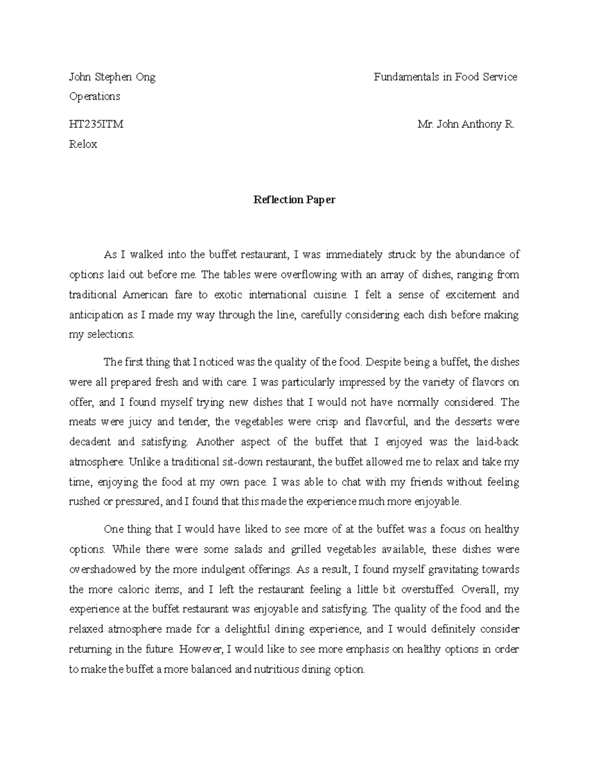 Ong Reflection - John Stephen Ong Fundamentals in Food Service ...