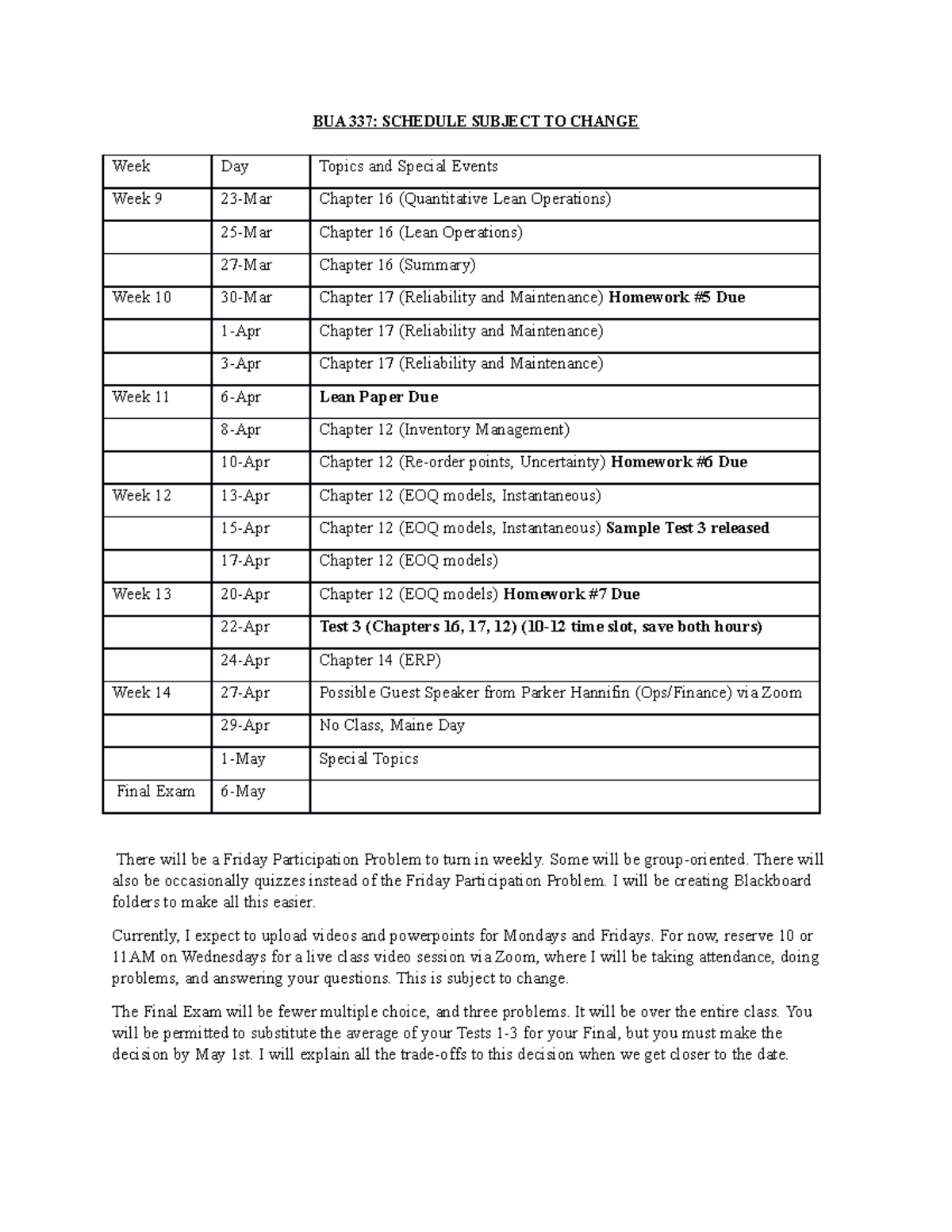 BUA 337 Spring 2020 Schedule After Spring Break - BUA 337: SCHEDULE SUBJECT TO CHANGE Week Day ...