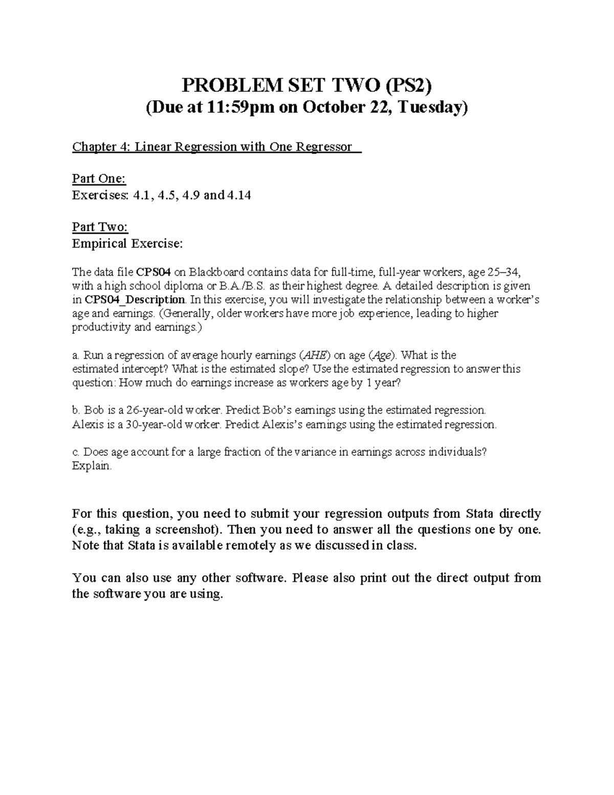 ECON3121 PS2 - Homework - PROBLEM SET TWO (PS 2 ) (Due at 11:59pm on ...