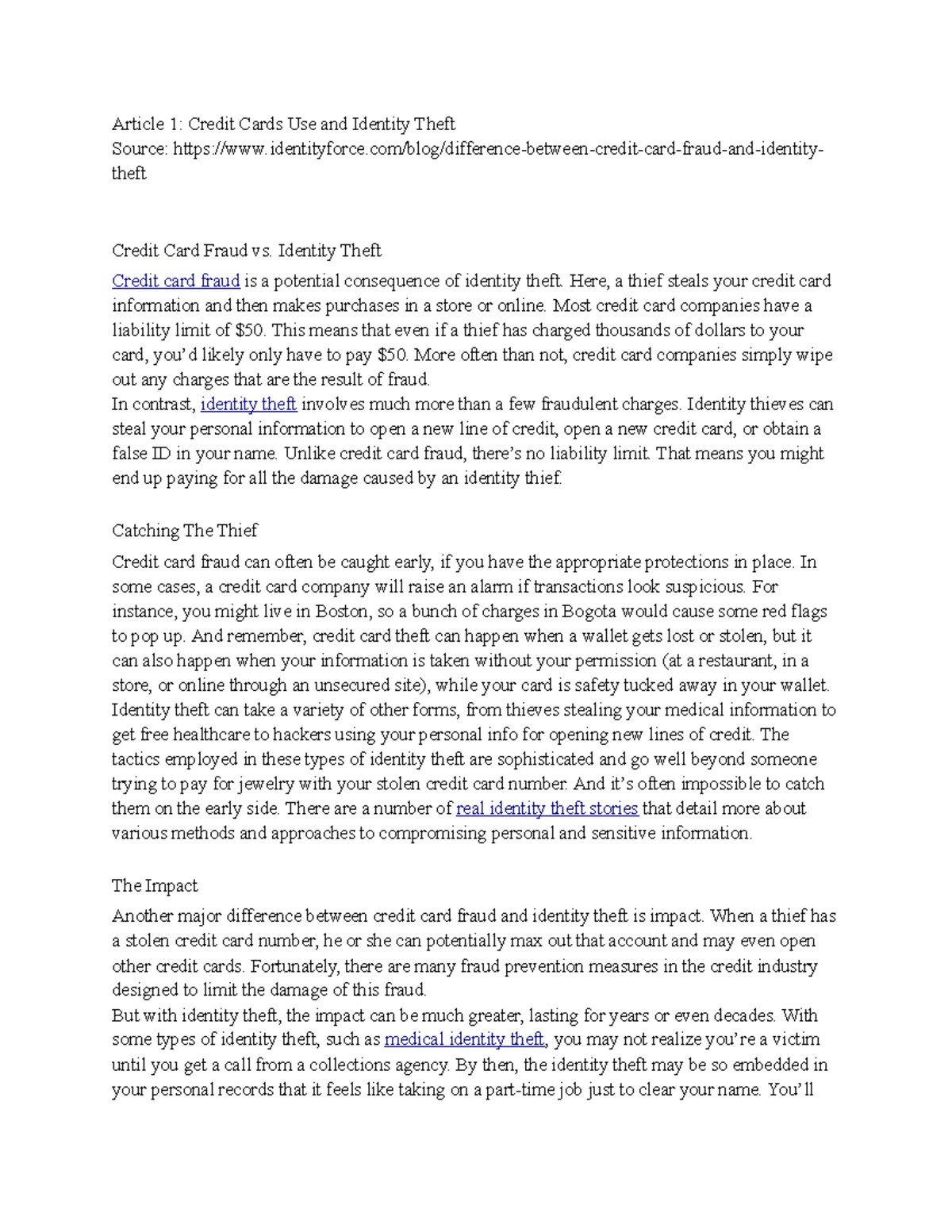 IT - Article 1: Credit Cards Use and Identity Theft Source: - Studocu