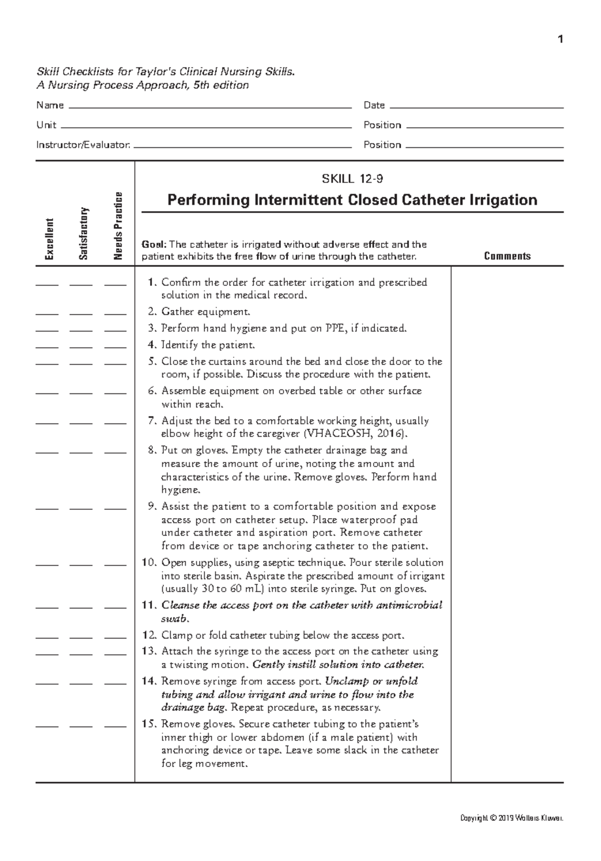 Skill 12 9 - Irigasi Bladder - 1 Skill Checklists for Taylor's Clinical ...