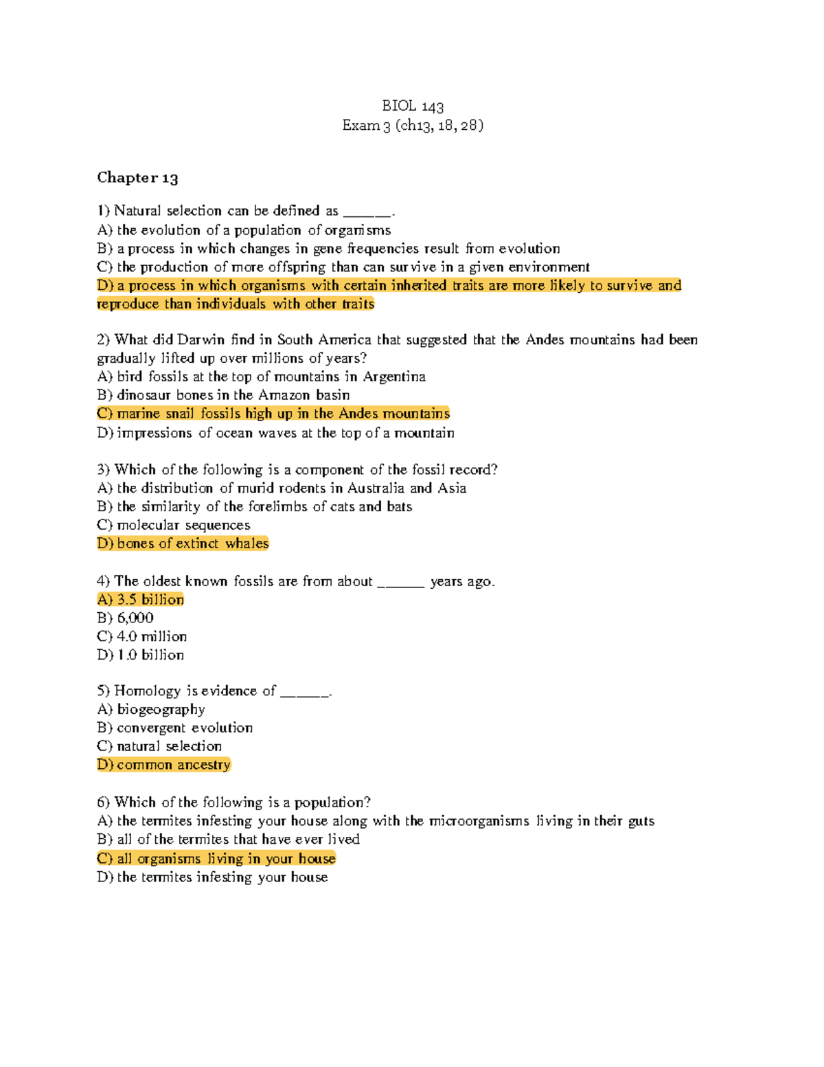 BIOL 1308-Exam 4 (ch131828) - BIOL 143 Exam 3 (ch13, 18, 28) Chapter 13 ...