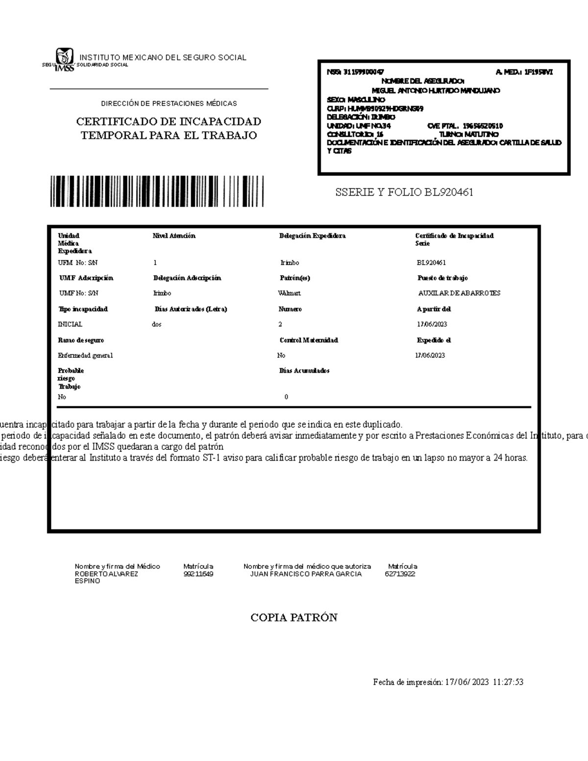 Formato incapacidad imss editable word - a partir de la fecha y durante ...