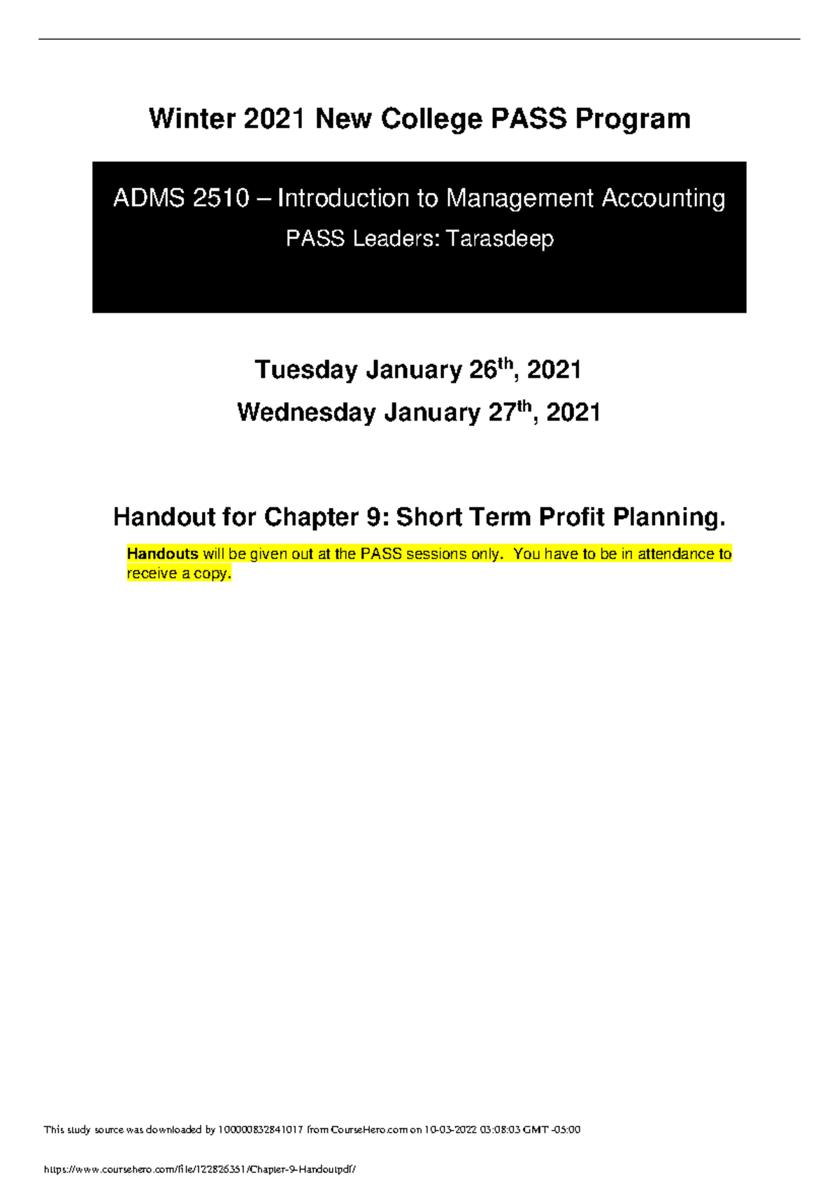 Chapter 9 Handout - Winter 2021 New College PASS Program ADMS 2510 ...