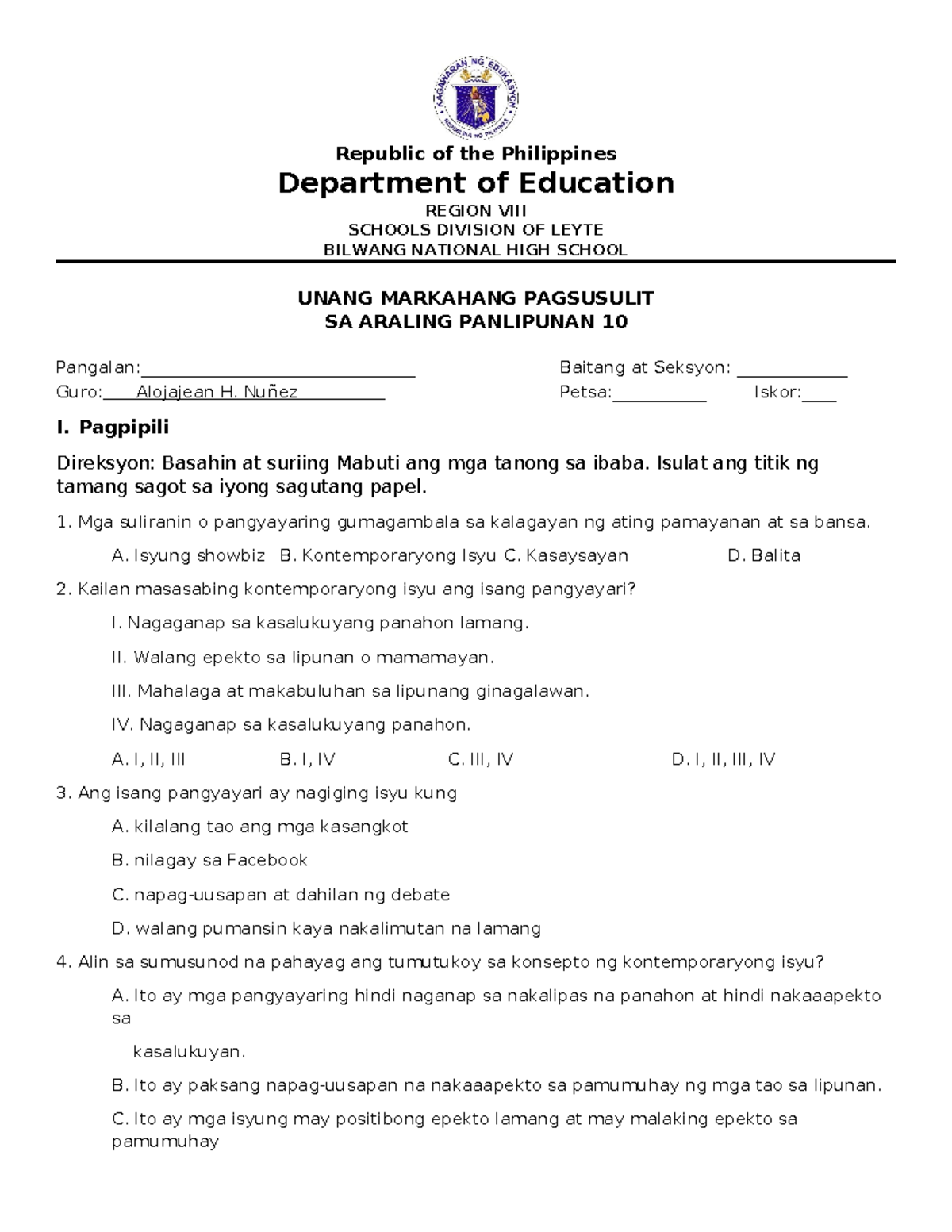 AP 10 1ST TQ - sdhghd - Republic of the Philippines Department of Education REGION VIII SCHOOLS ...
