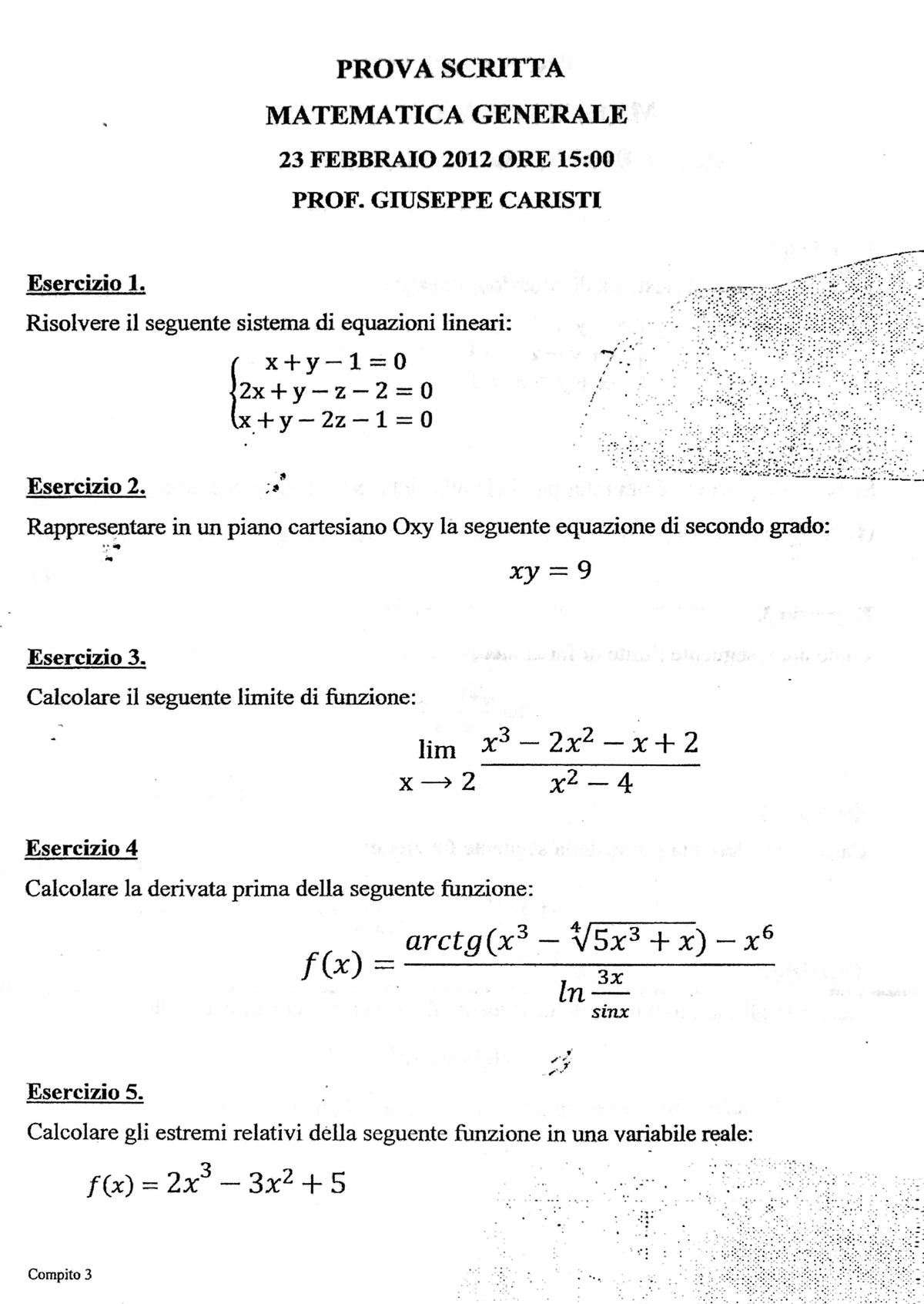Quindicesima Esercitazione prova scritta matematica - Matematica - Studocu