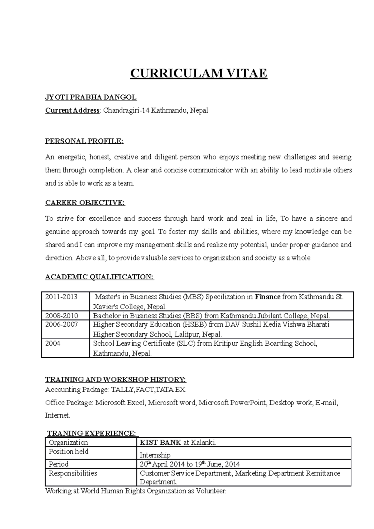 Jyoti prabha - For a clear view of how to write a resume - CURRICULAM ...