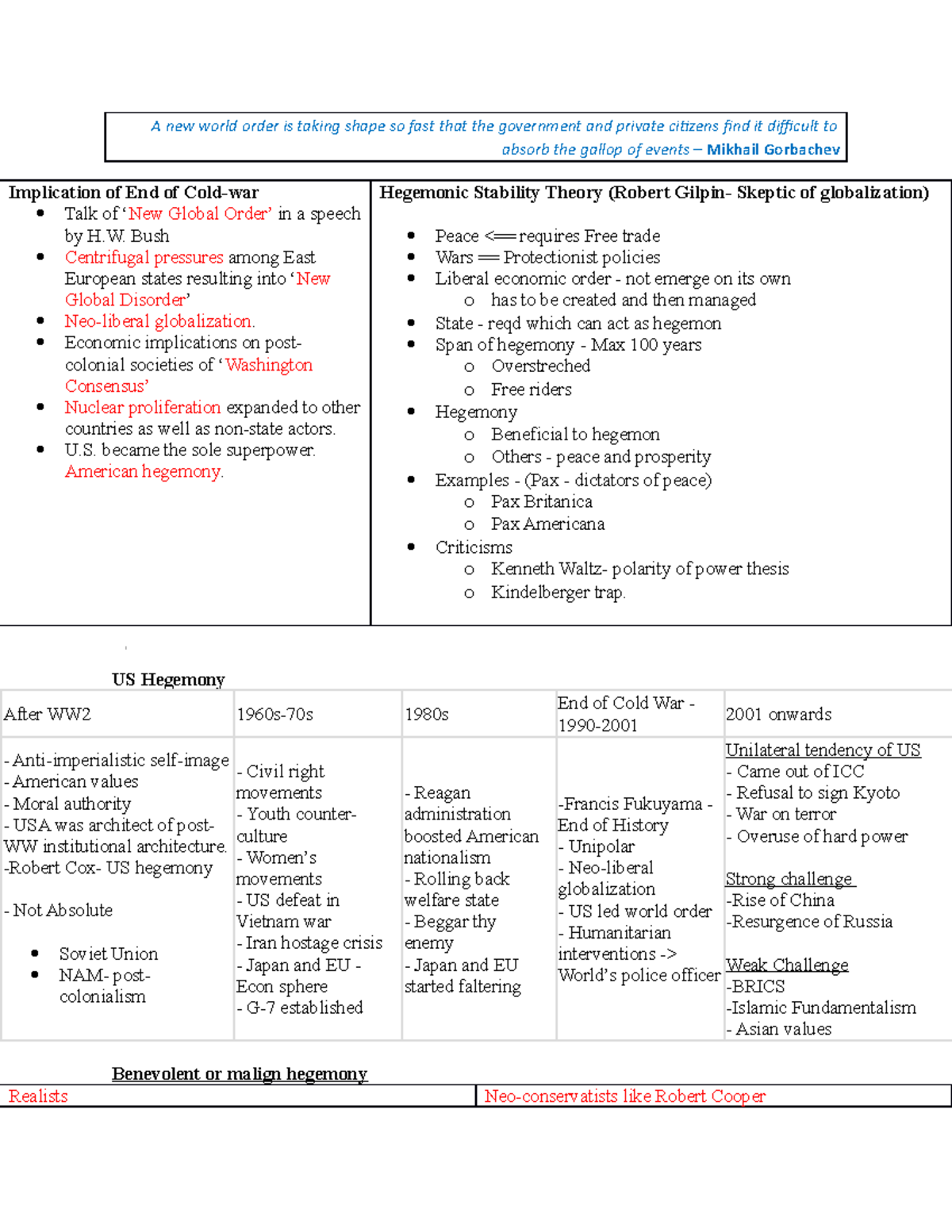 Timeperiod of Post Cold war - A new world order is taking shape so fast ...