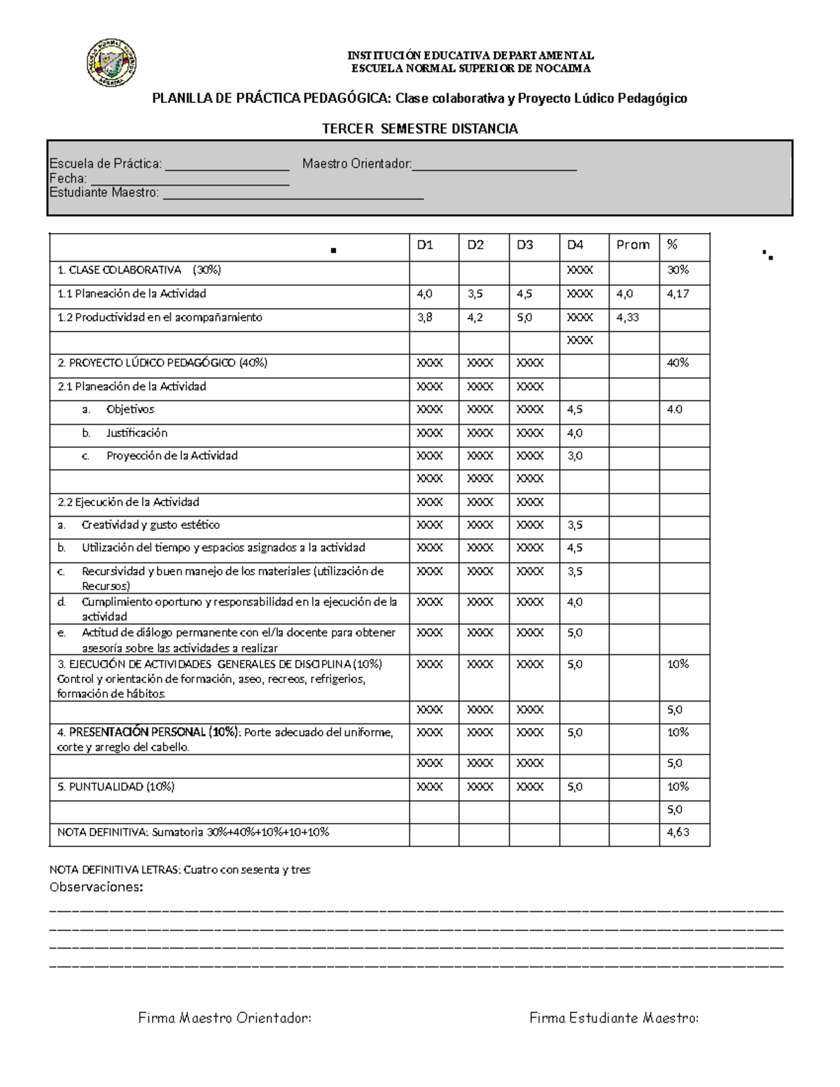 Planilla DE Notas - INSTITUCIÓN EDUCATIVA DEPARTAMENTAL ESCUELA NORMAL ...