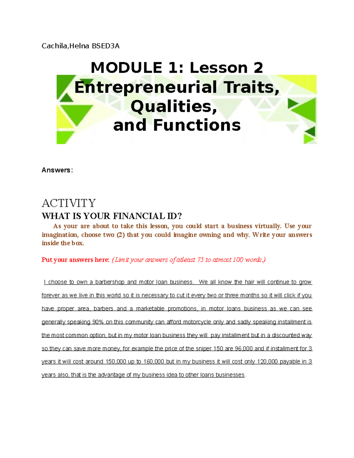 Module 1 Lesson 2 Entrepreneurial Traits, Qualities, and Functions ...