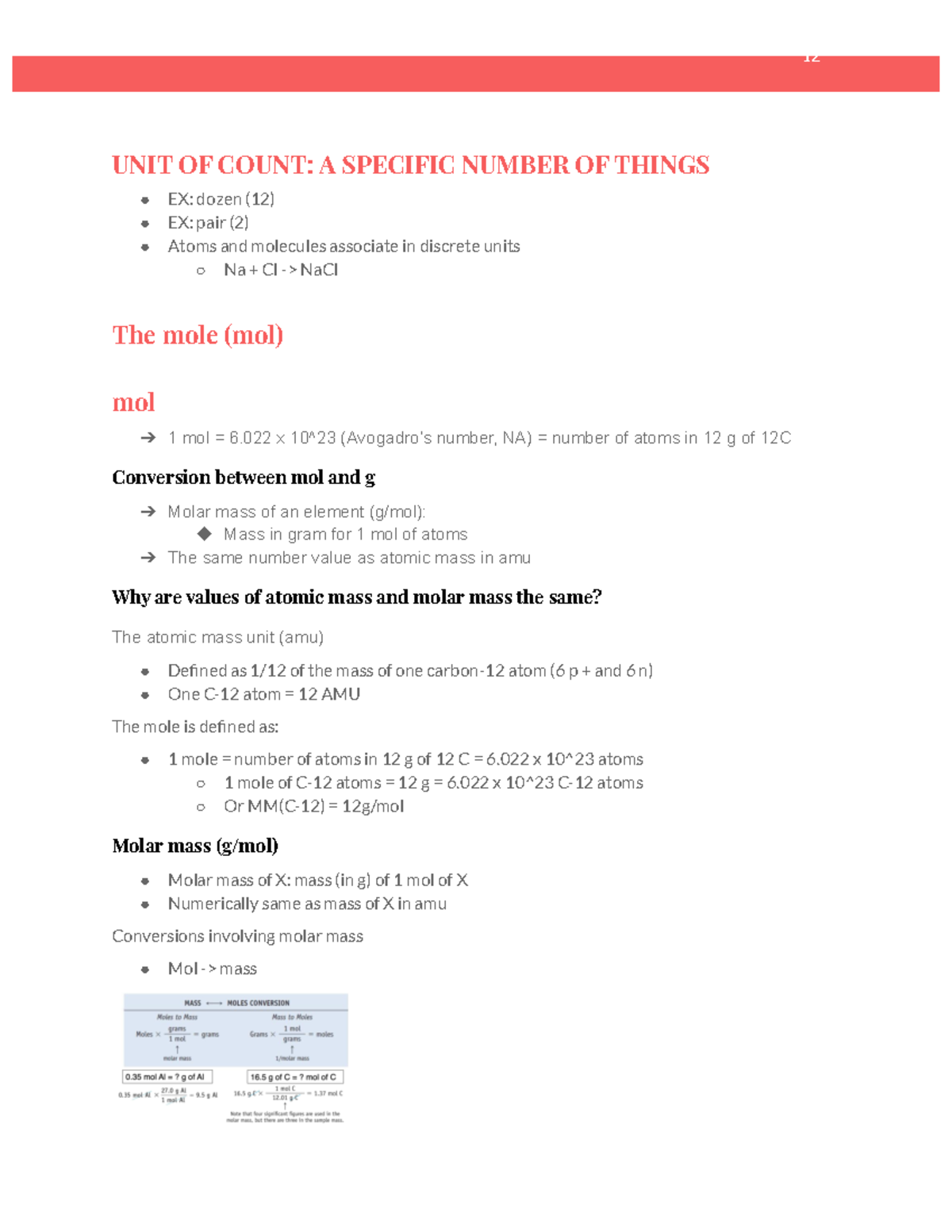Chemistry notes 1 - gen chem I - 12 UNIT OF COUNT: A SPECIFIC NUMBER OF ...
