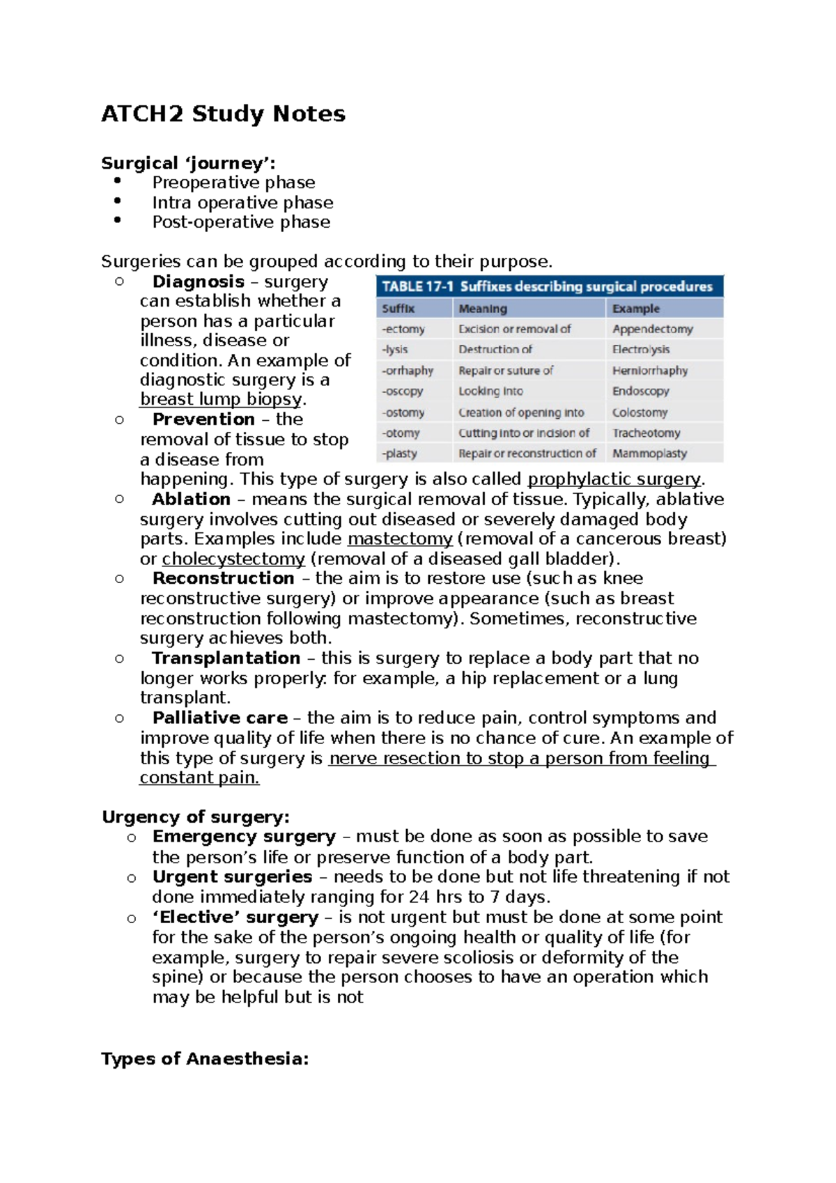 ATCH2 Study Notes - ATCH2 Study Notes Surgical ‘journey’: Preoperative ...