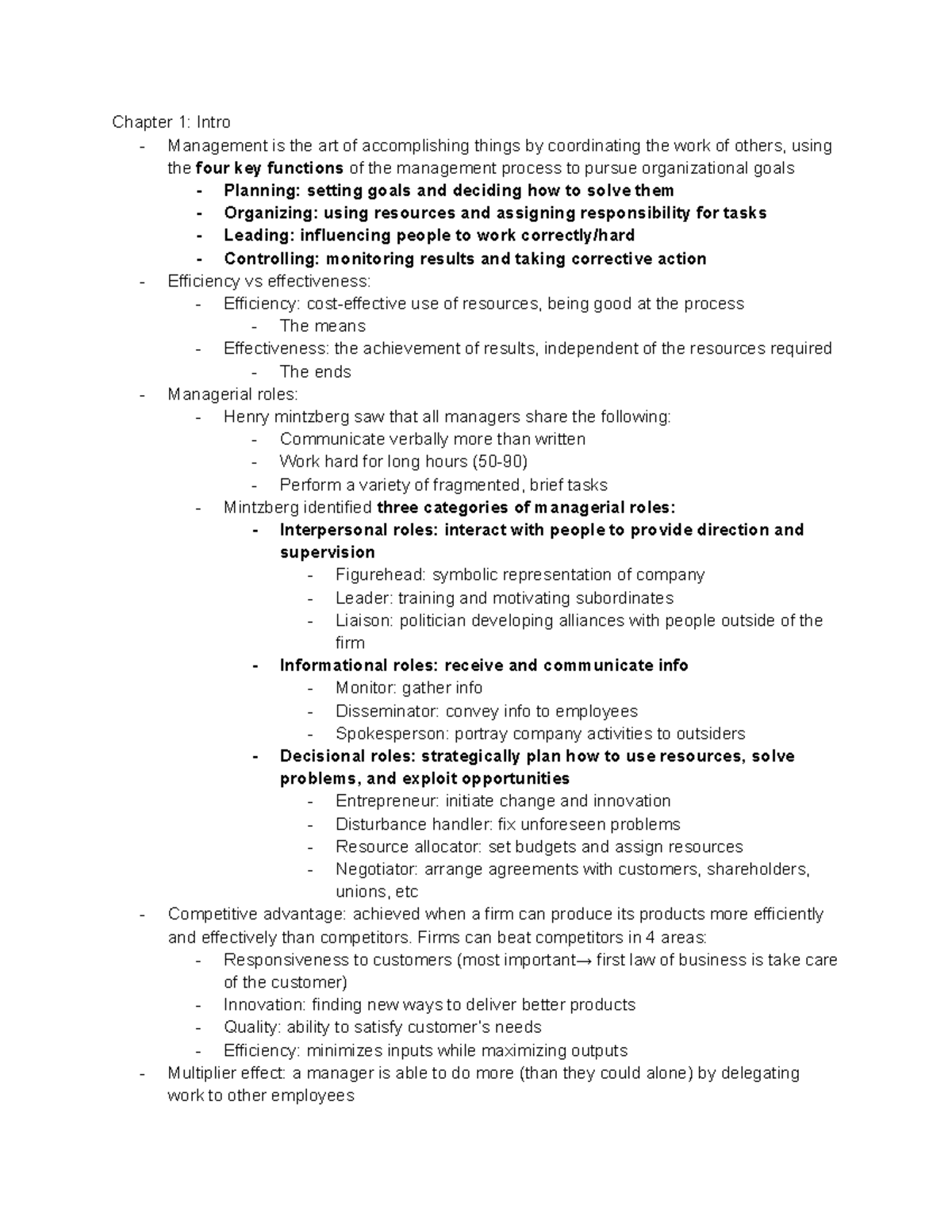 Copy of Management Exam 1 Review - Chapter 1: Intro - Management is the ...