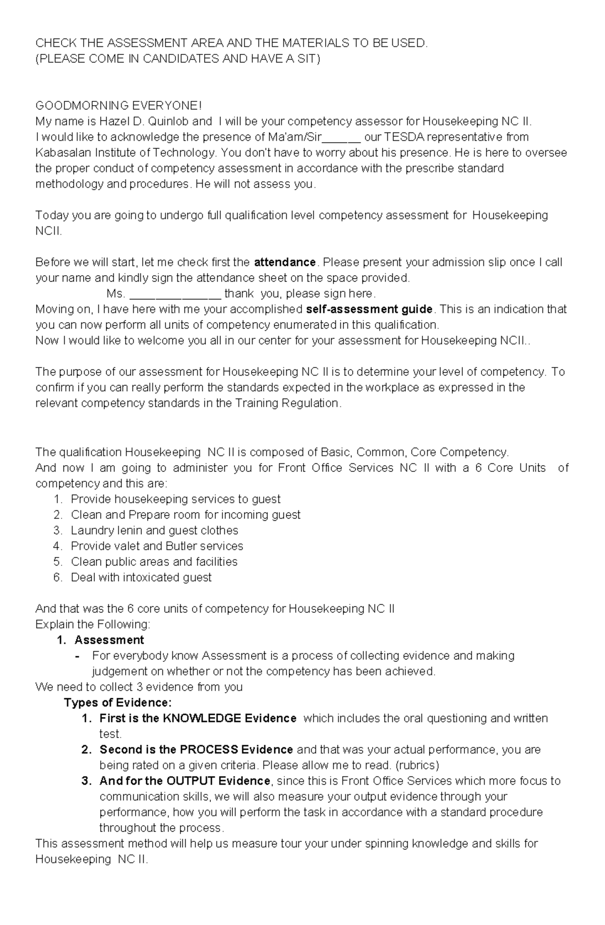 Assessor script for Housekeeping NCII prepared by Hazel D. Quinlob ...
