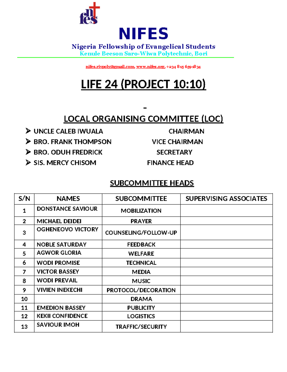LOC JOB Description Life'24 - Nigeria Fellowship of Evangelical ...