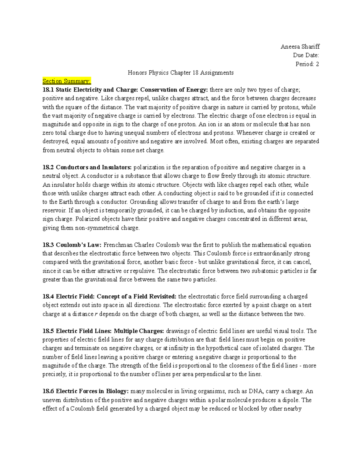 Physics Chapter 18 Assignments - Aneesa Shariff Due Date: Period: 2 ...