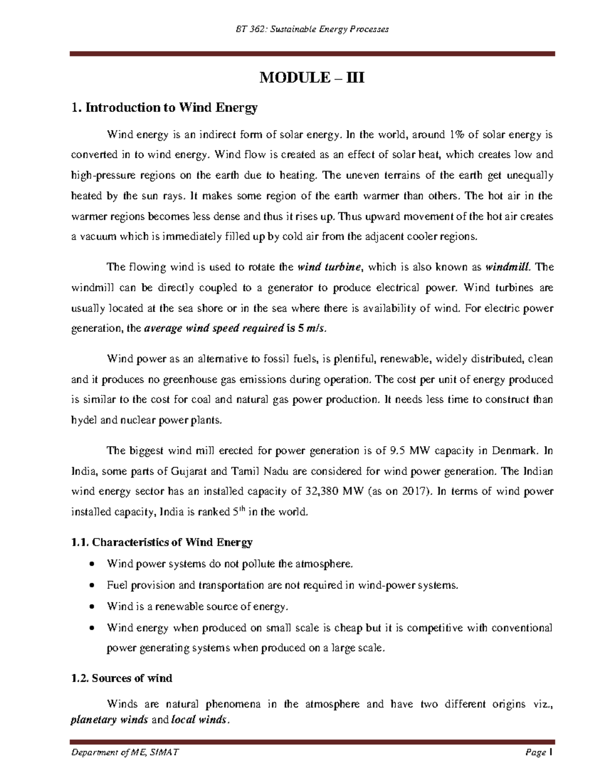 Introduction of Wind Energy - MODULE – III 1. Introduction to Wind ...