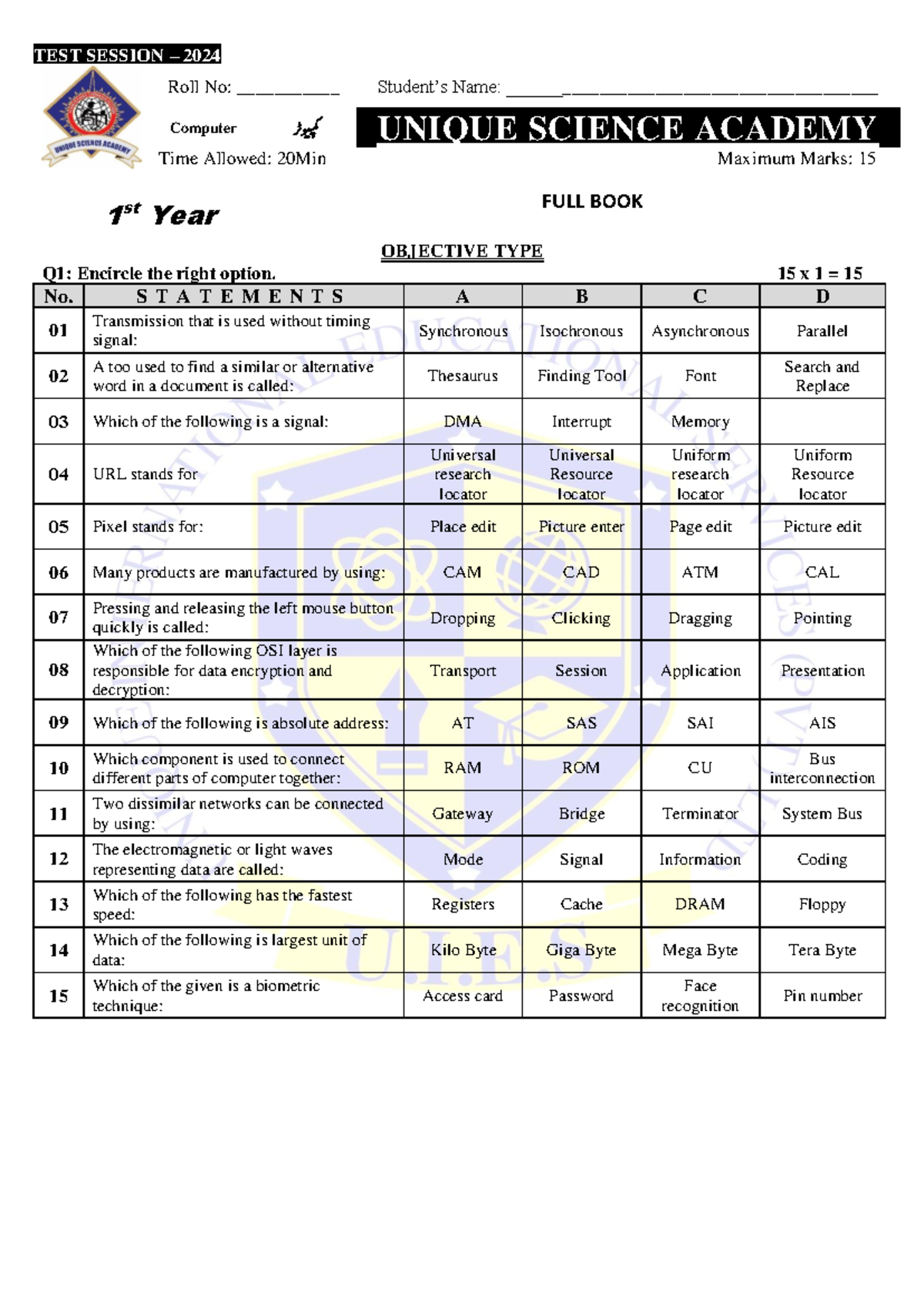 Computer 1st Year (Full Book) 240422 101006 - TEST SESSION – 2024 Roll ...