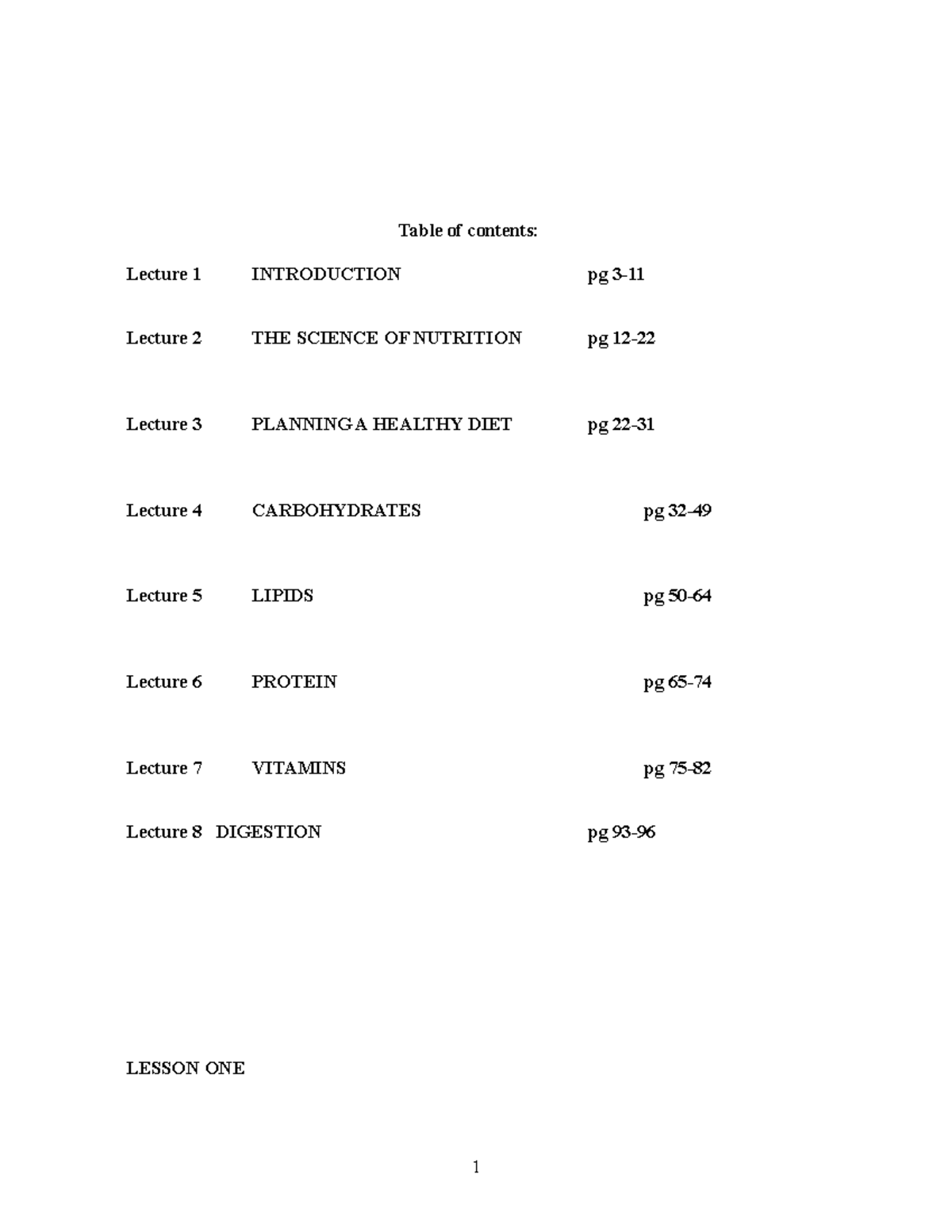 Human Nutrition. (Repaired) - Table of contents: Lecture 1 INTRODUCTION ...