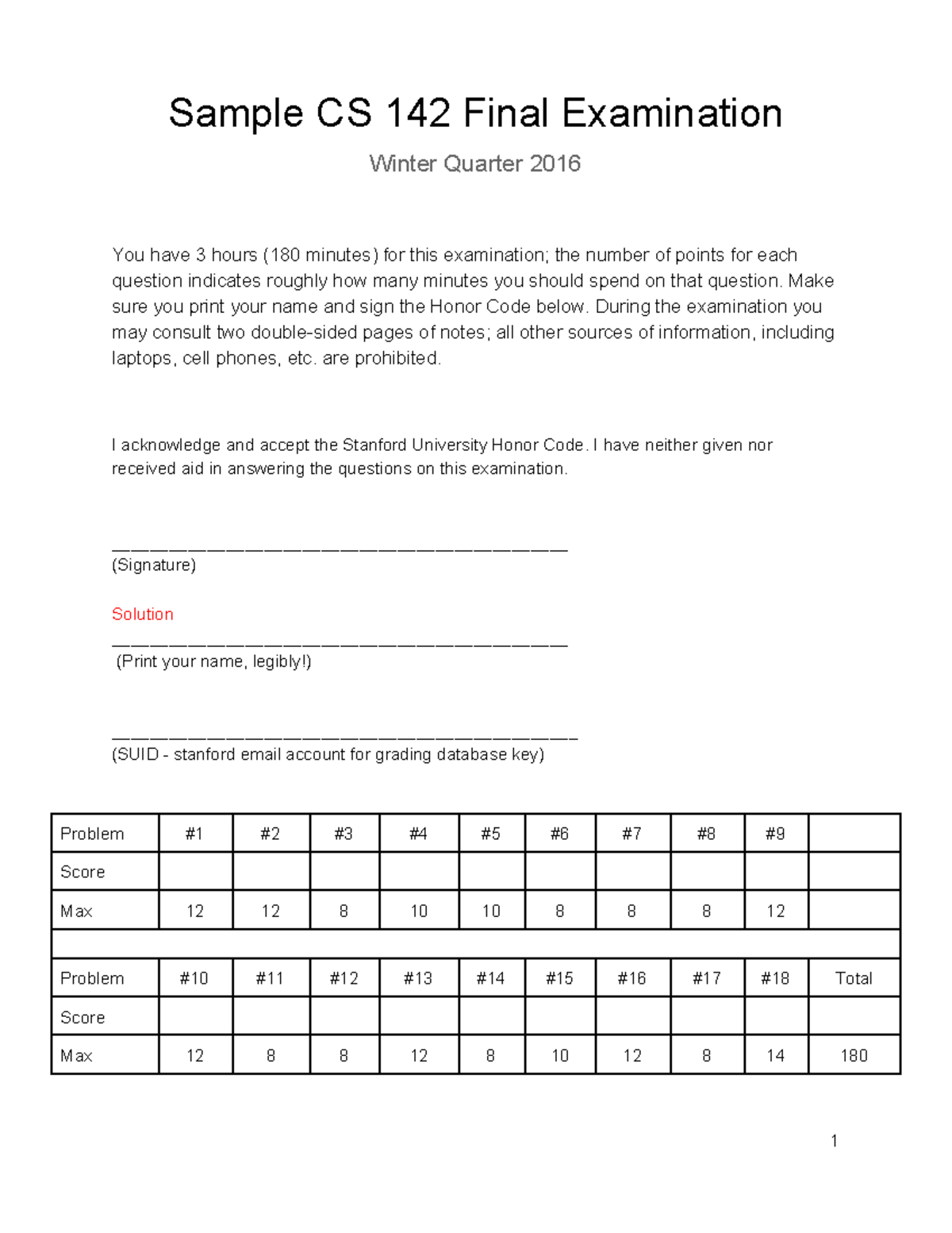 Sample CS 142Final Exam-Winter 2016 Solutions - Sample CS 142 Final Examination Winter Quarter ...