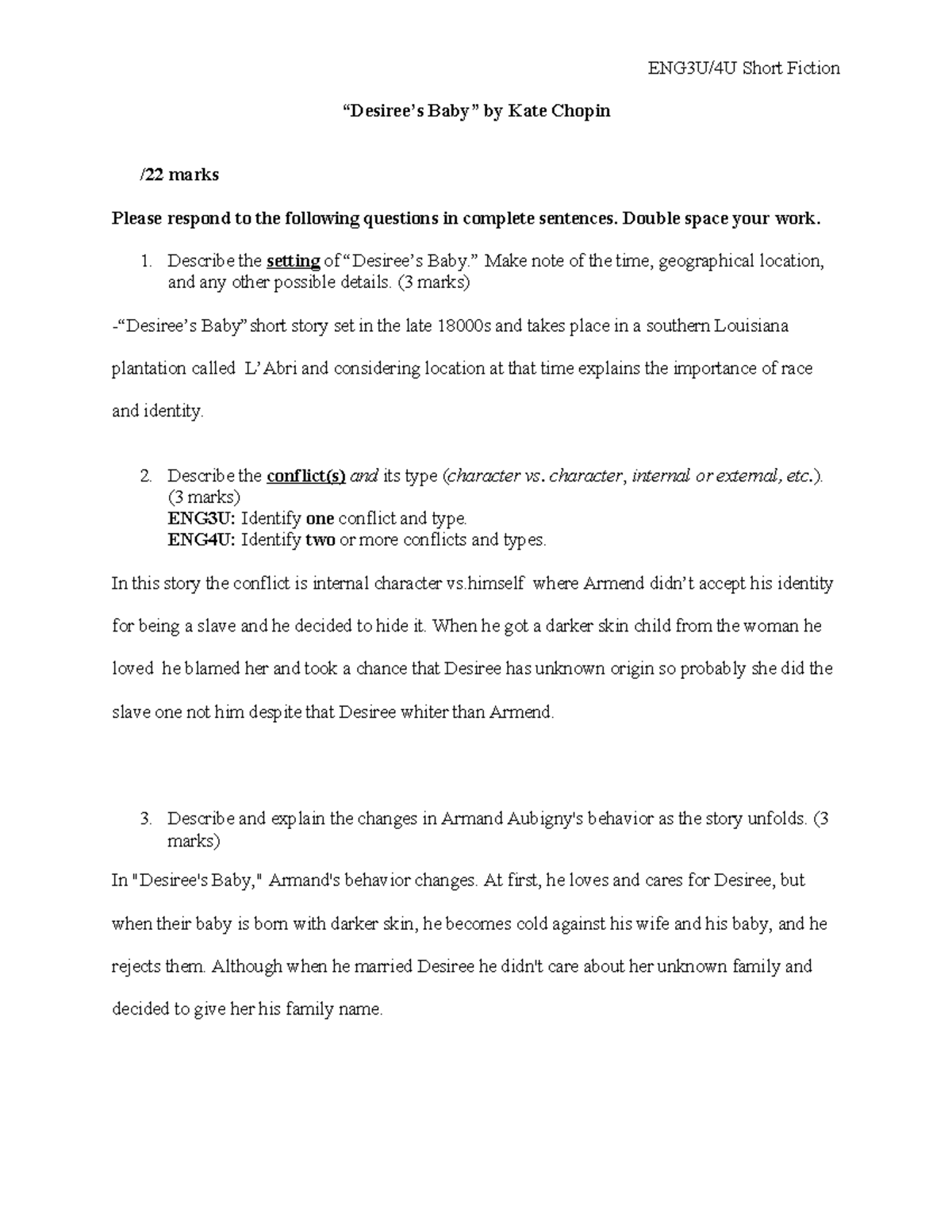 Desiree's Baby Questions - ENG3U/4U Short Fiction “Desiree’s Baby” by ...