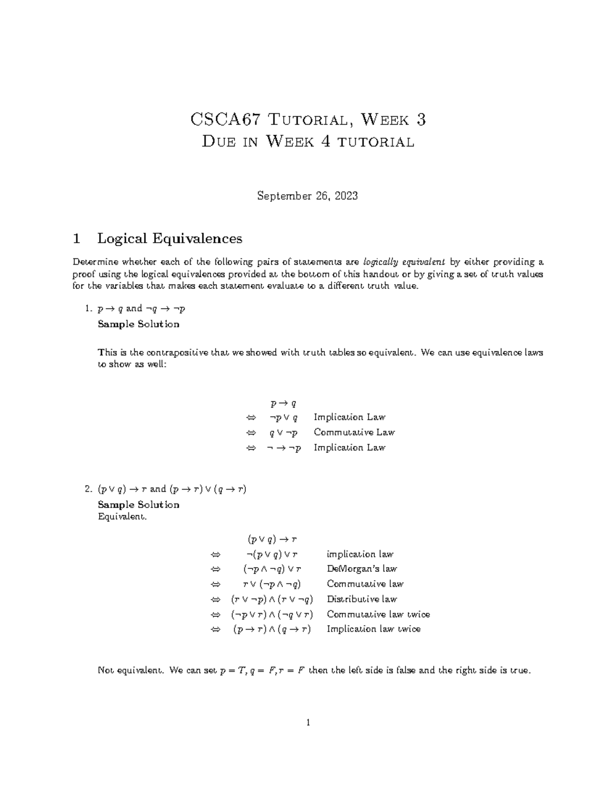 CSCA67 Week 3 Tutorial Solutions - CSCA67 Tutorial, Week 3 Due in Week 4 tutorial September 26 ...