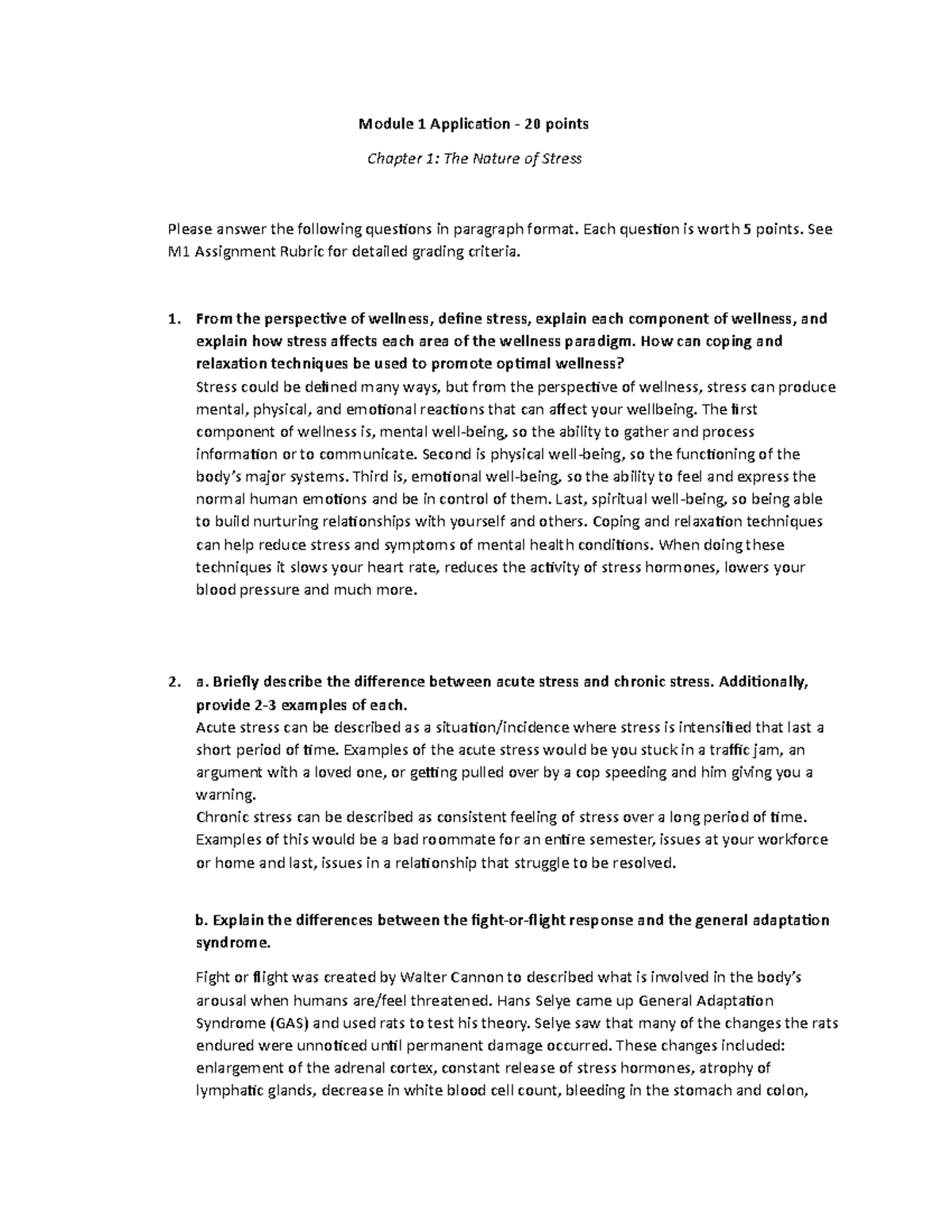 Stress and theory (module 1) - Module 1 Application - 20 points Chapter 1: The Nature of Stress ...