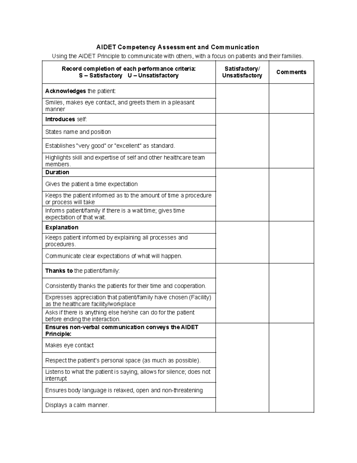 Aidet and VS Assessment Form Modified 09152023 - AIDET Competency ...