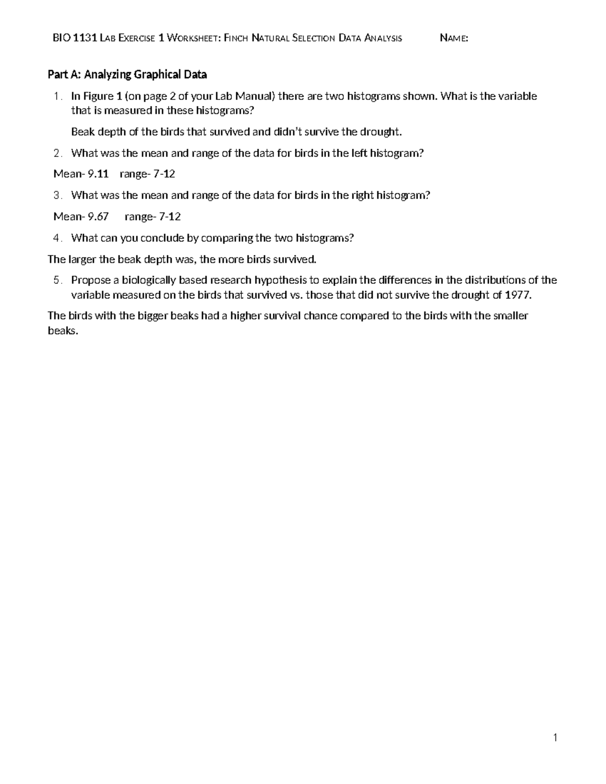 FA 23 Lab 1 Finch Evolution Worksheet - Part A: Analyzing Graphical ...