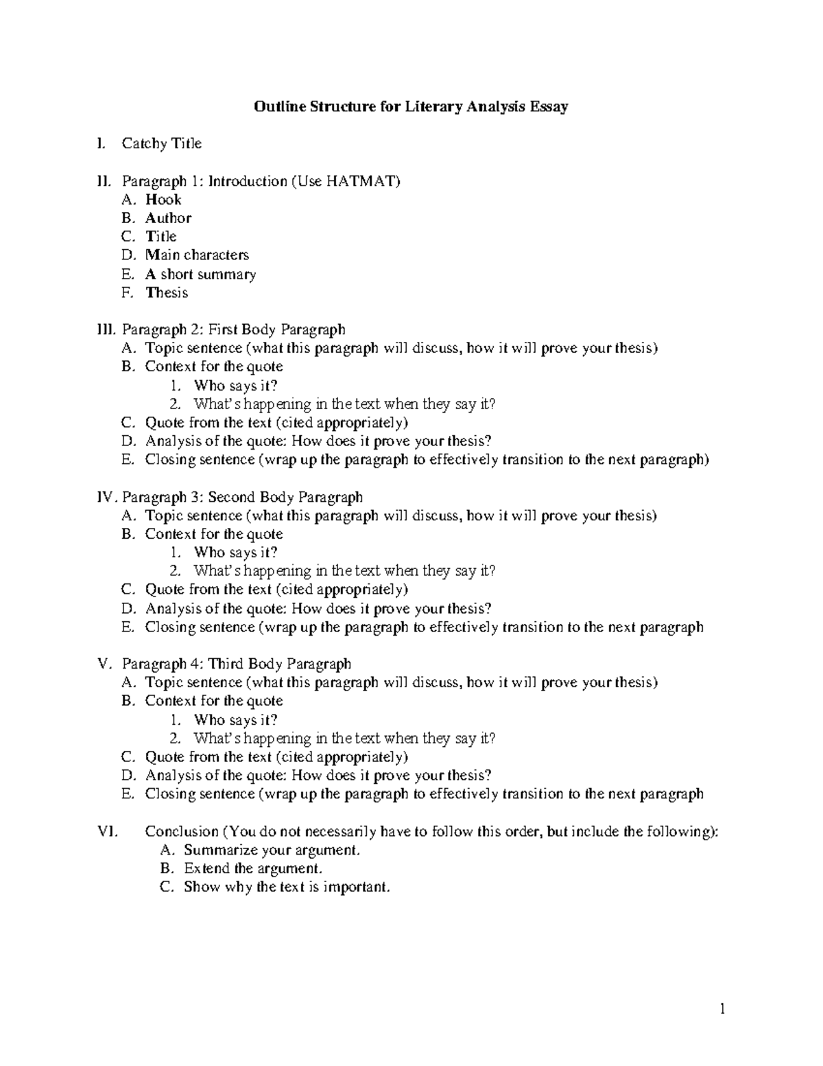 Outline Structure for Literary Analysis Essay - Catchy Title II ...