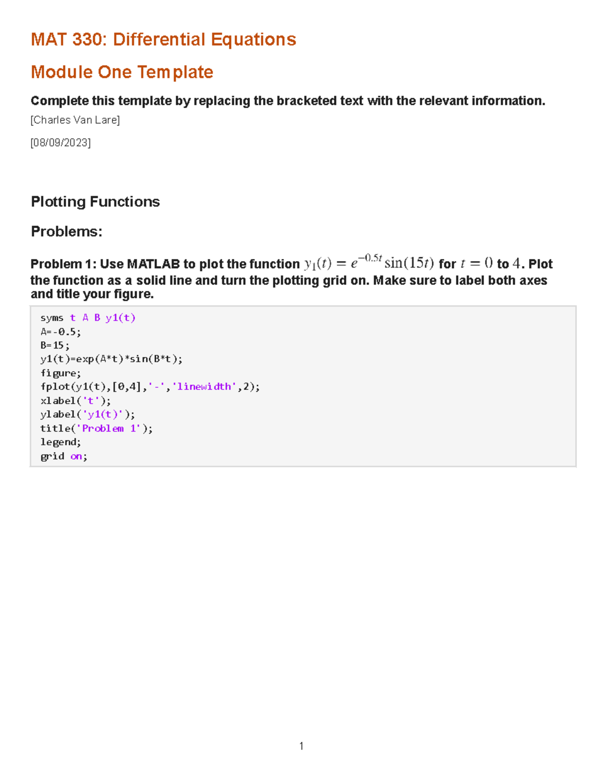 1-4 Matlab Indroduction assignment - MAT 330: Differential Equations ...