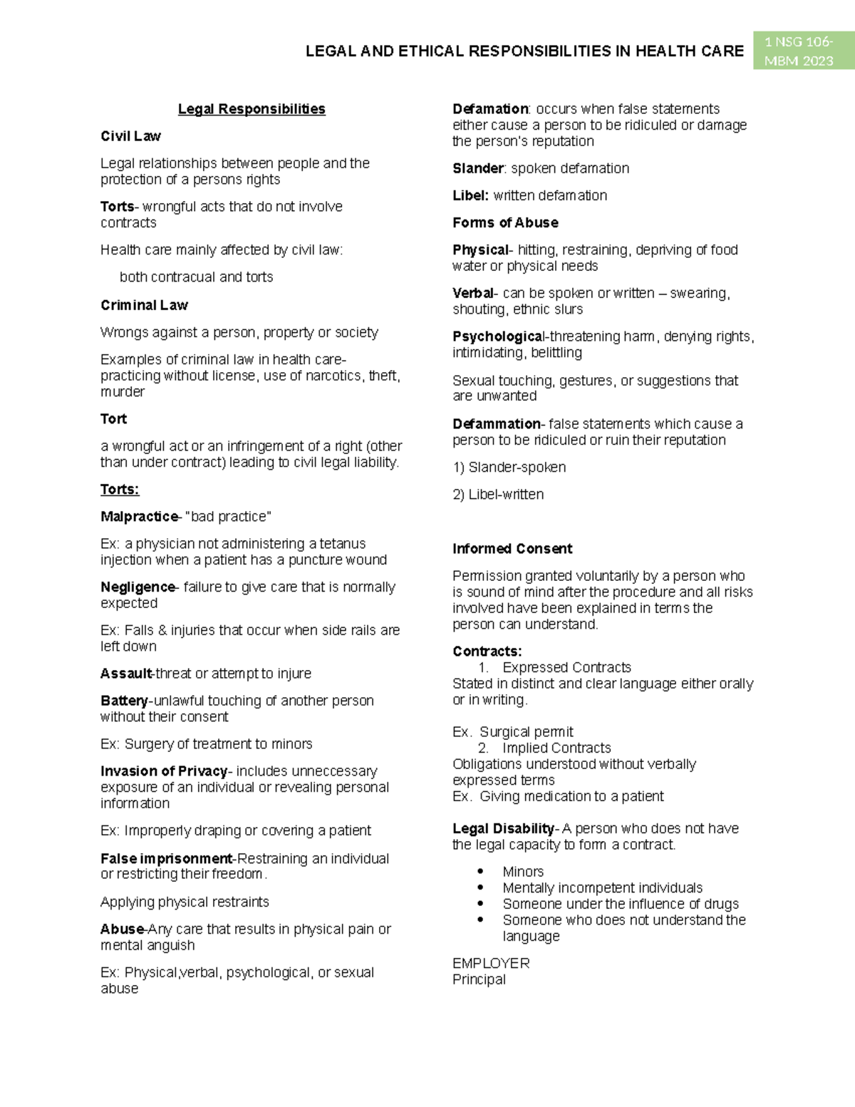 Legal-Responsibilities-handout - 1 NSG 106- MBM 2023 LEGAL AND ETHICAL ...