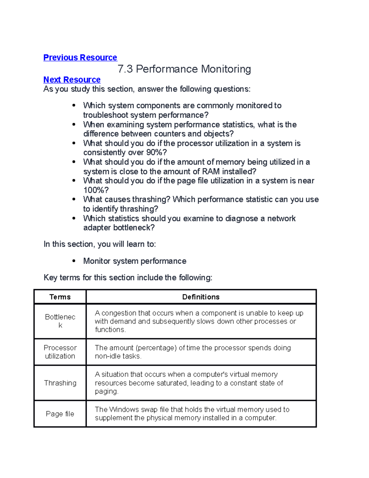 Testout 7 34 - Previous Resource 7 Performance Monitoring Next Resource ...