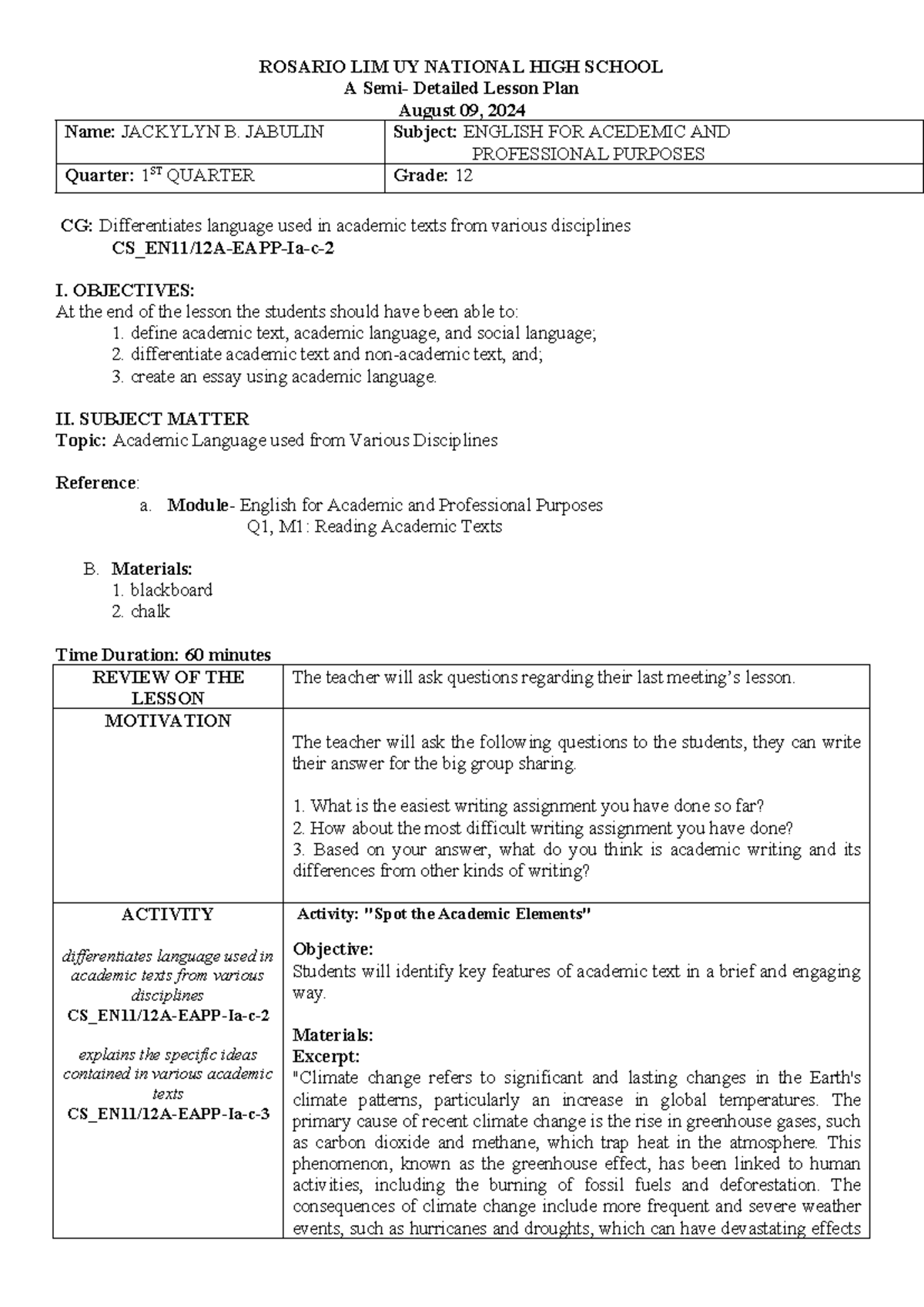 A semi detailed Lesson Plan in EAPP - ROSARIO LIM UY NATIONAL HIGH ...