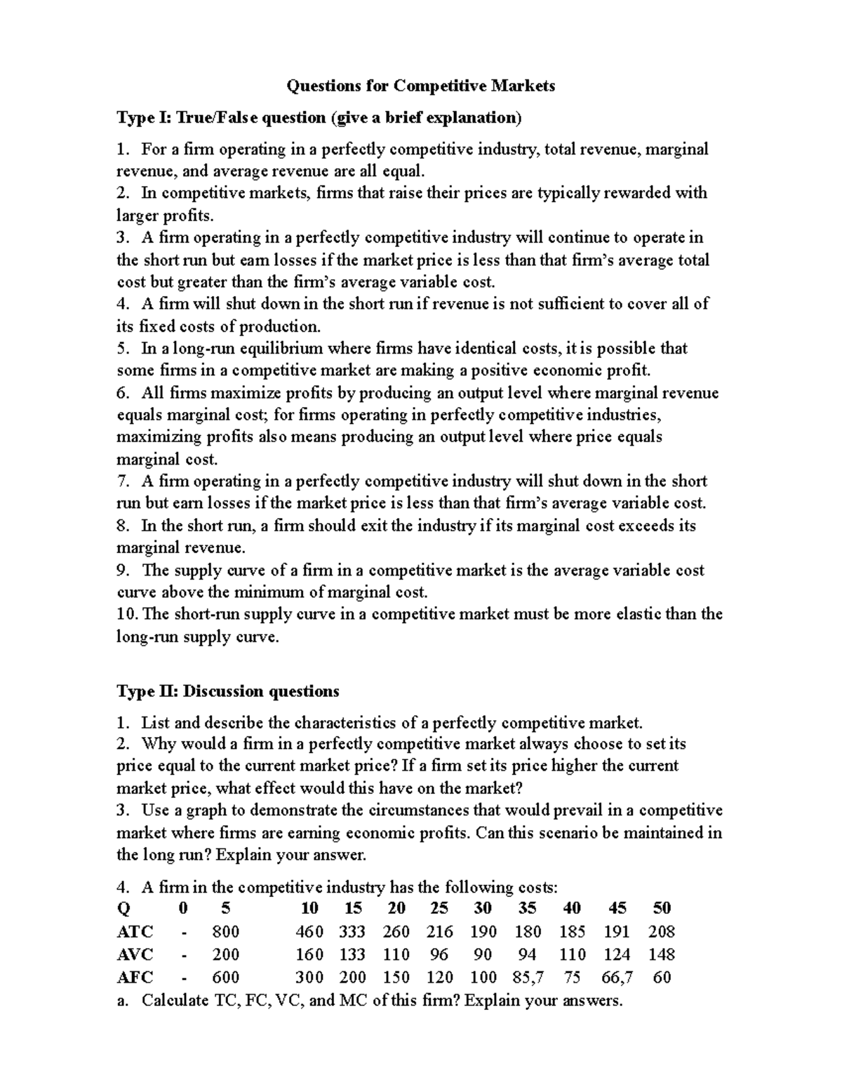 Tutorial 5 Questions For Competitive Markets Type I True False tutorial-5-questions-for-competitive-markets-type-i-true-false