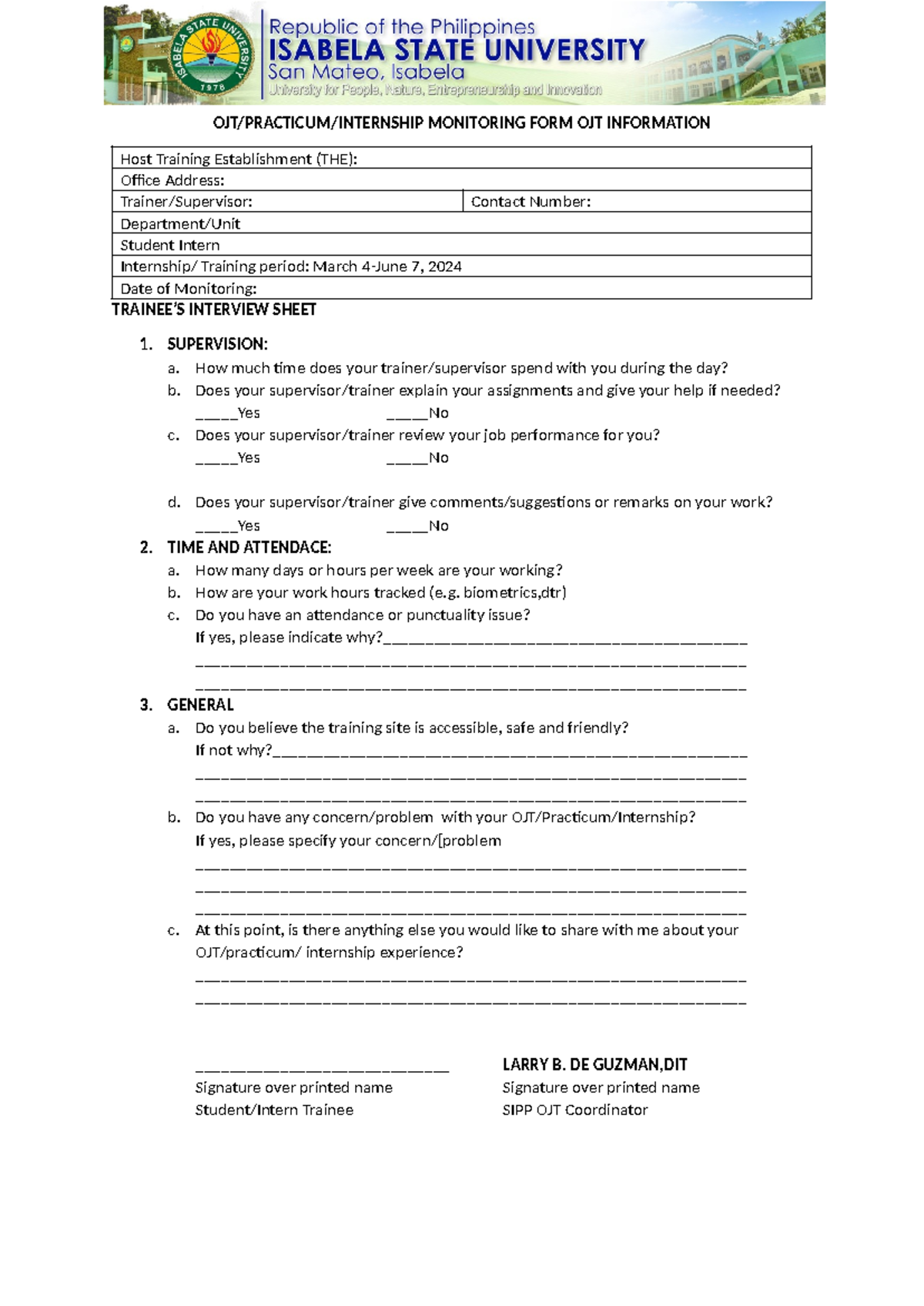 Monitoring - OJT/PRACTICUM/INTERNSHIP MONITORING FORM OJT INFORMATION ...