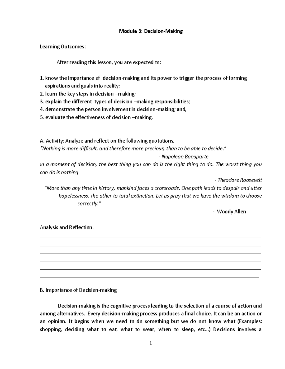 Module 3 NSTP-CWTS - Module 3: Decision-Making Learning Outcomes: After ...