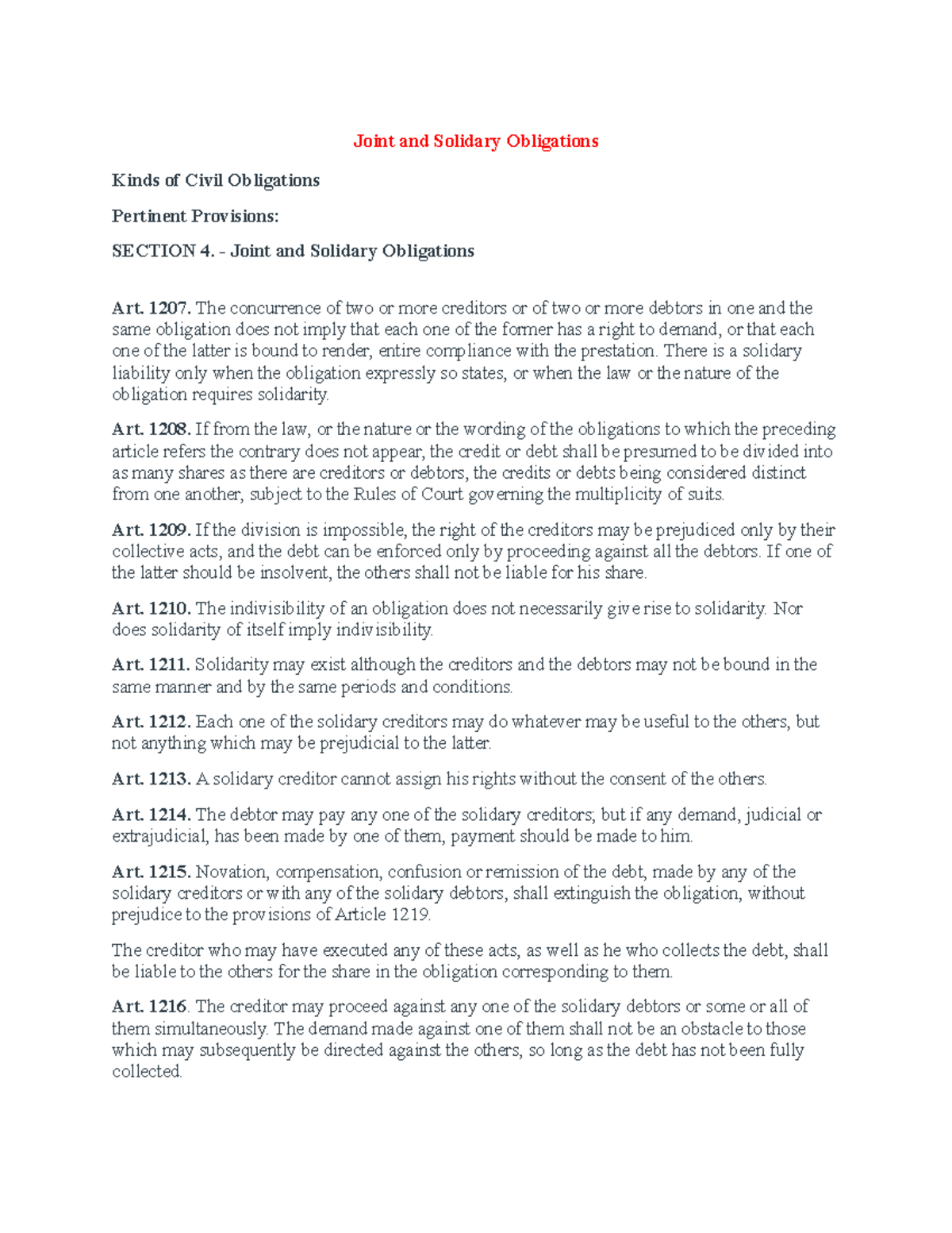 Module 2 - Not much needed. - Joint and Solidary Obligations Kinds of ...
