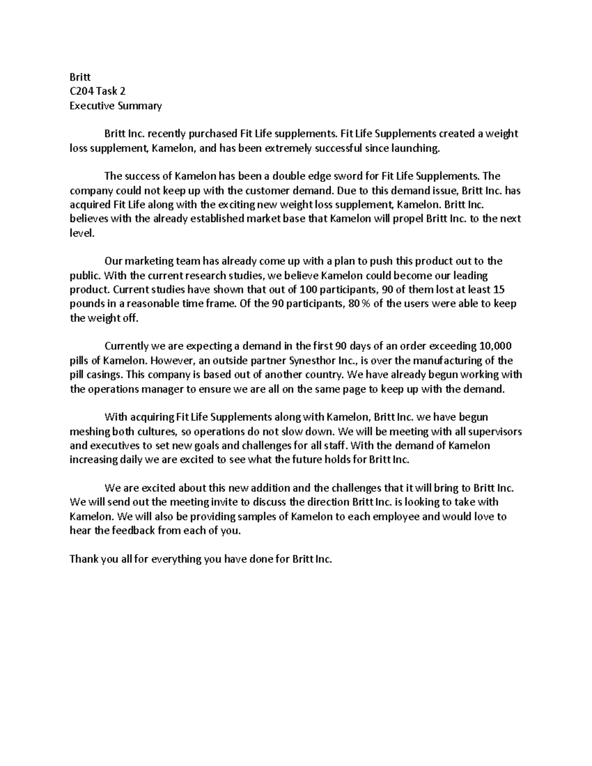 WGU C204 Task 2 - Passed - Britt C204 Task 2 Executive Summary Britt ...