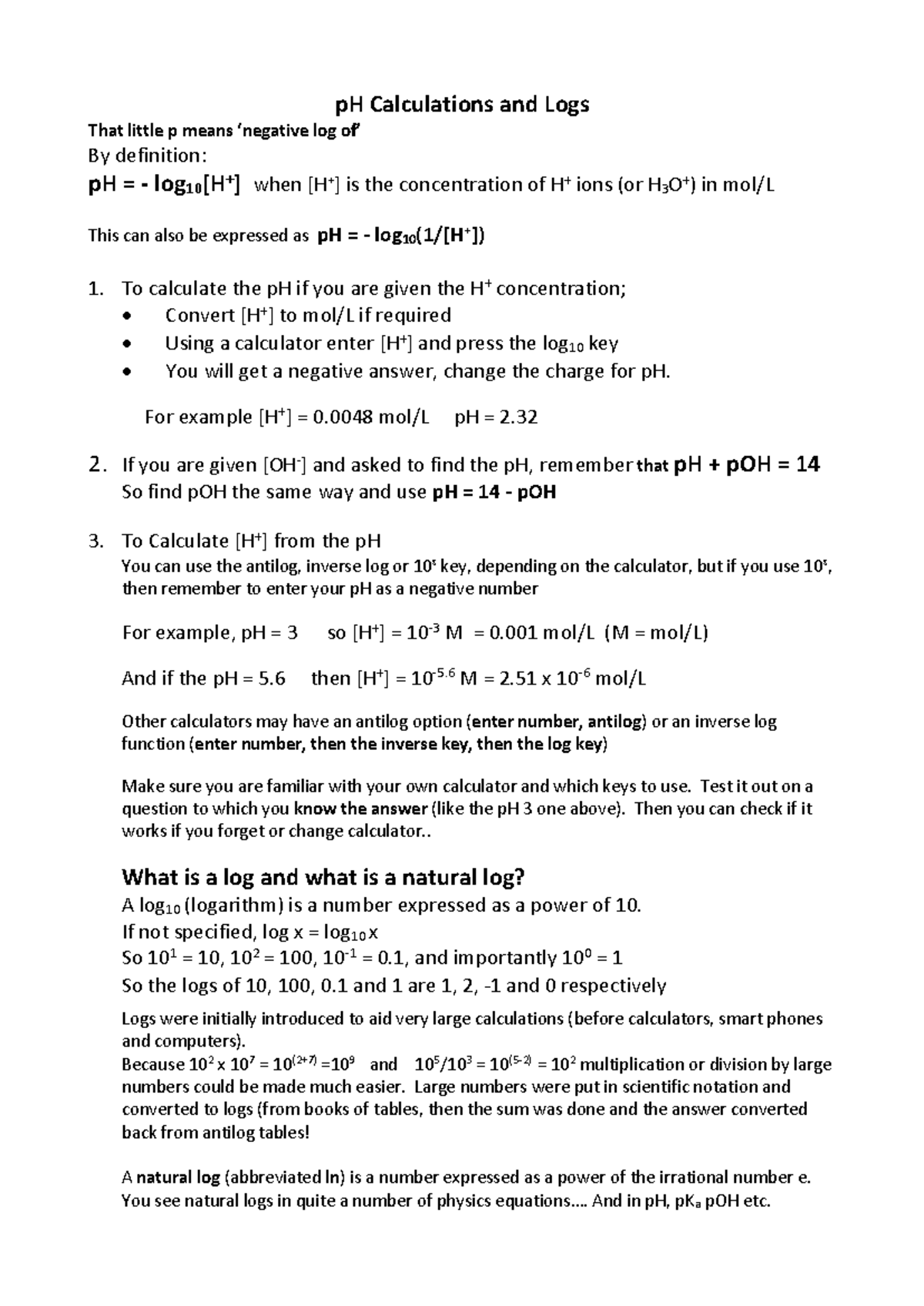 pH Calculations and Logs - To calculate the pH if you are given the H ...