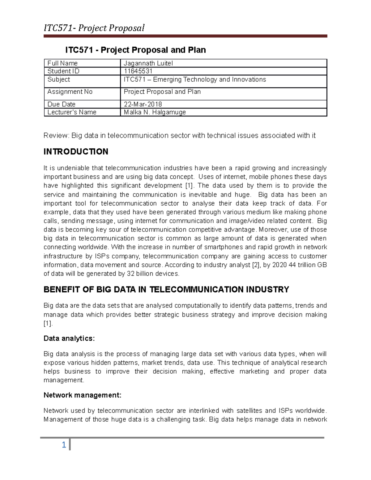 Project Proposal - Halgamuge Review: Big data in telecommunication ...