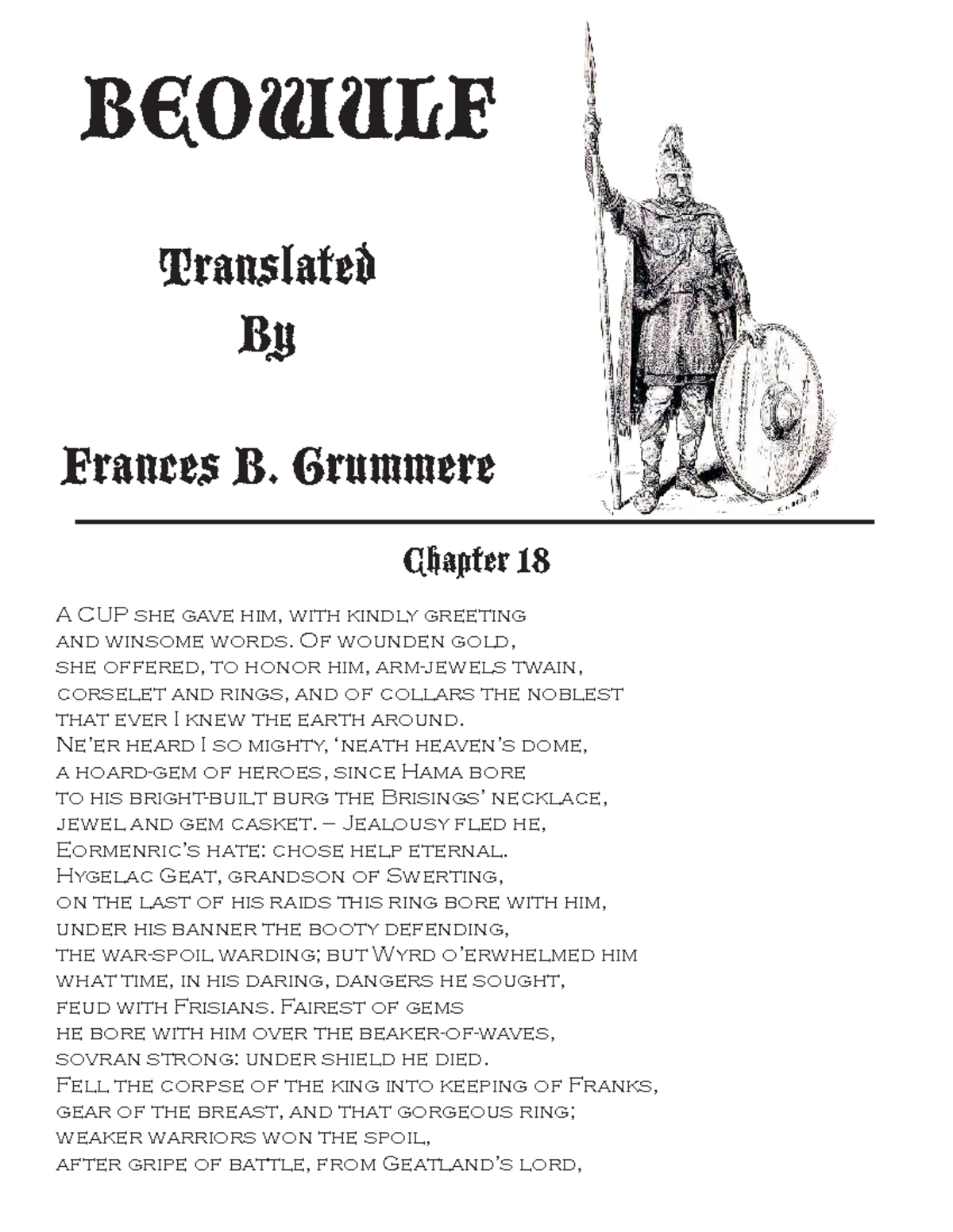 Beowulf 019 chapter 18 - work - BEOWULF Translated By Frances B ...