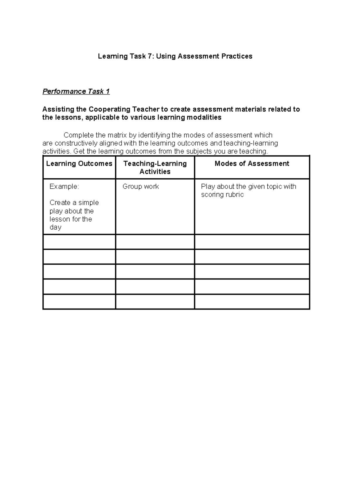 Learning-Task-7-Using-Assessment-Practices - Learning Task 7: Using Assessment Practices ...