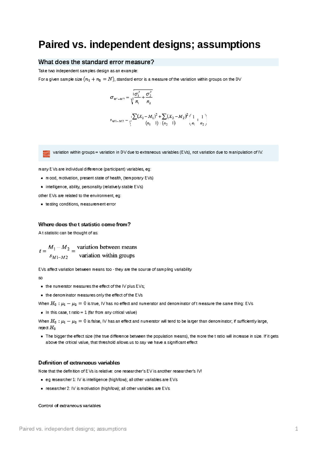 Paired vs. independent designs; assumptions - Paired vs. independent ...