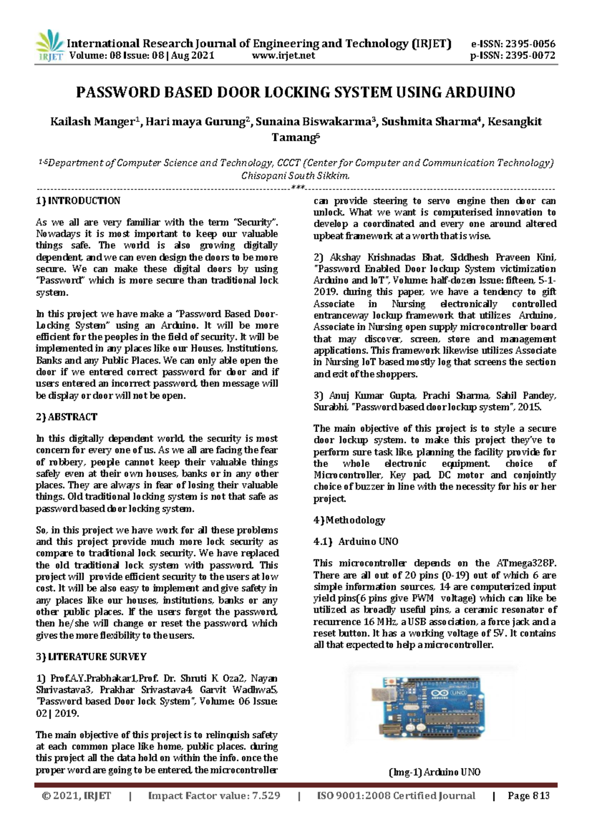 Irjet Password Based DOOR Locking System - Volume: 08 Issue: 08 | Aug ...